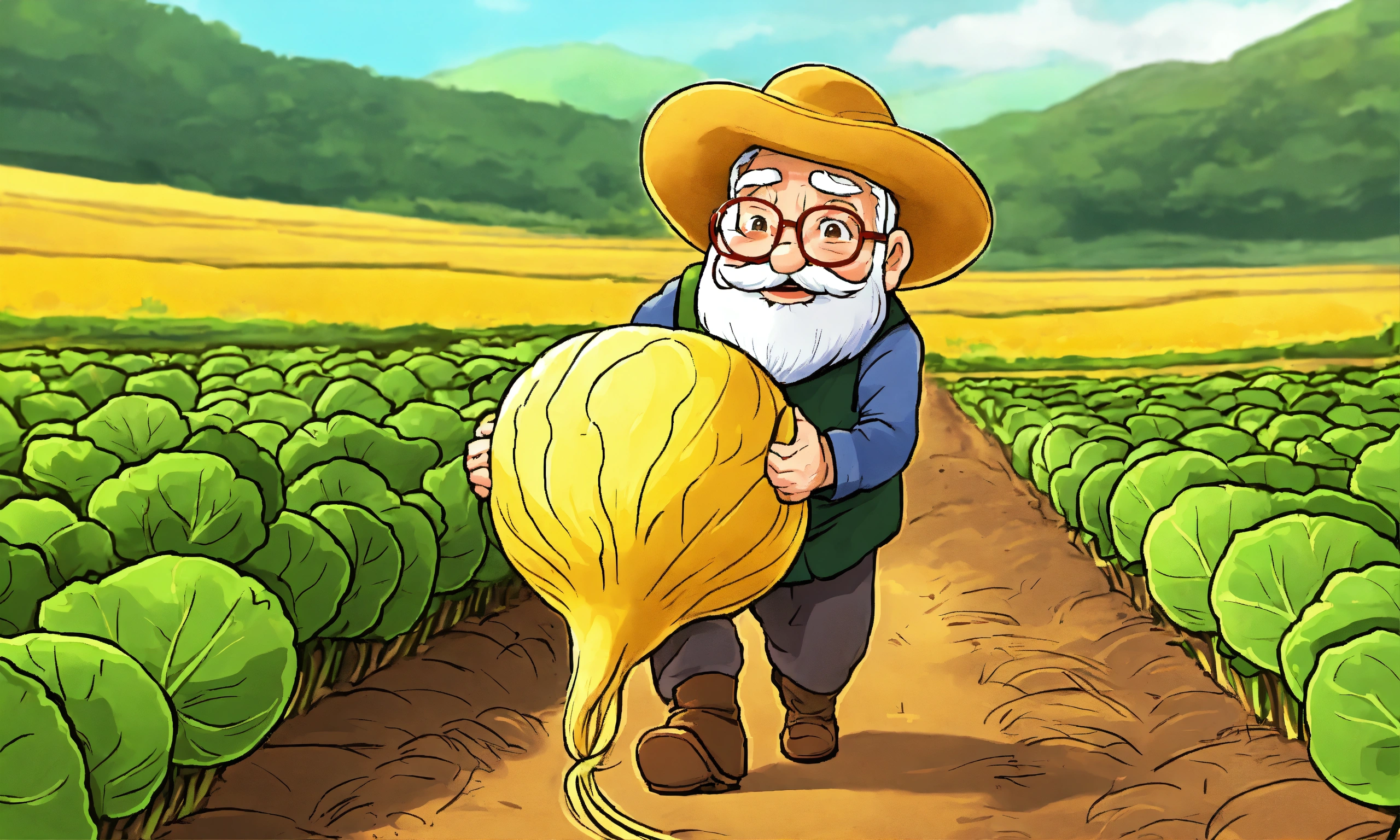 Lexica - Cartoon style huge yellow turnip in the field. Cute red-hair ...