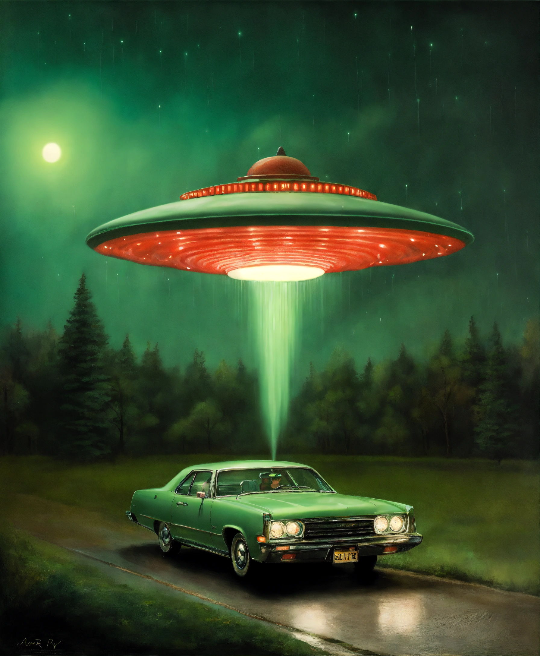 Lexica - A surreal UFO abducts a car whit a green light rain night by ...