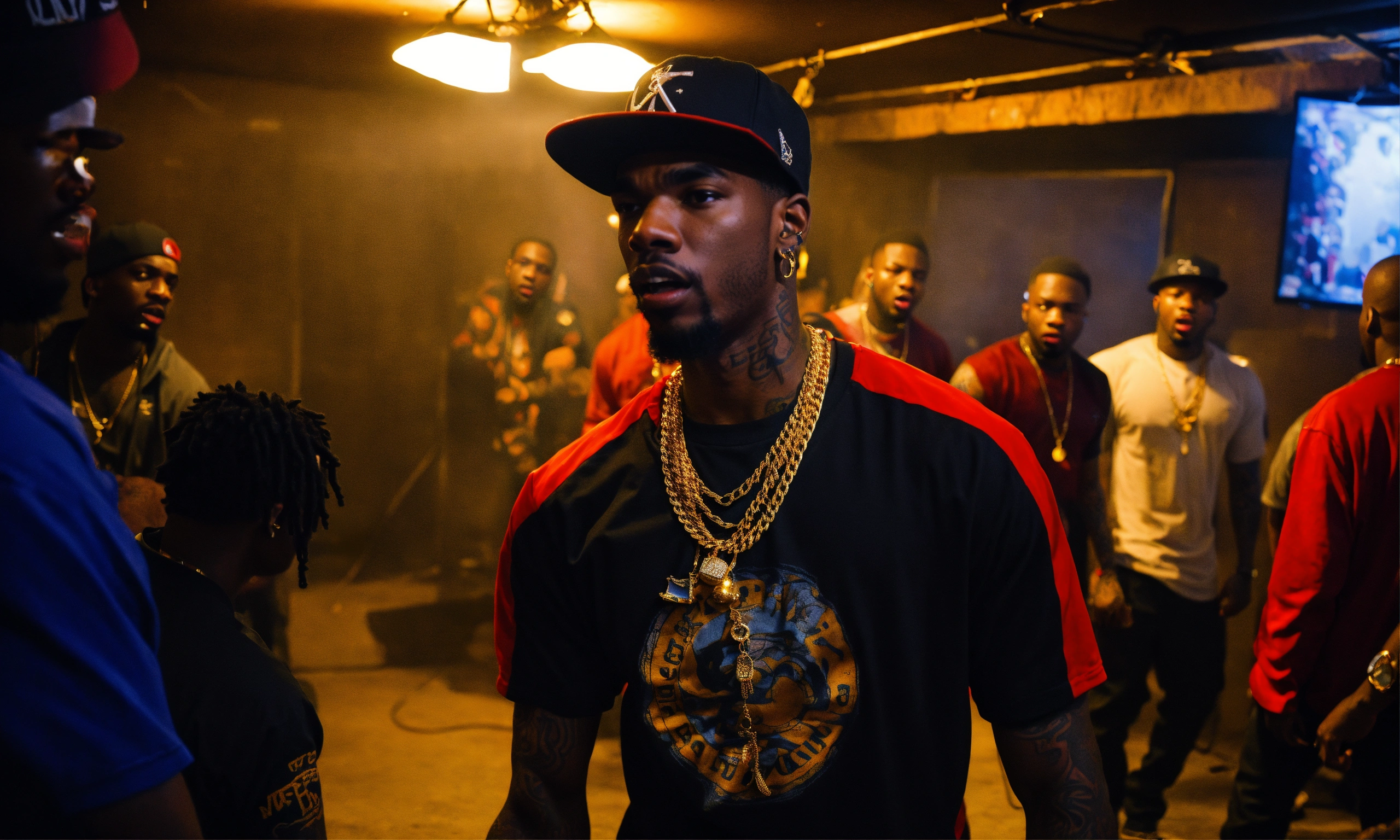 Lexica - Full body shot of rapper "Slim Dunkin" fighting a gang if ...