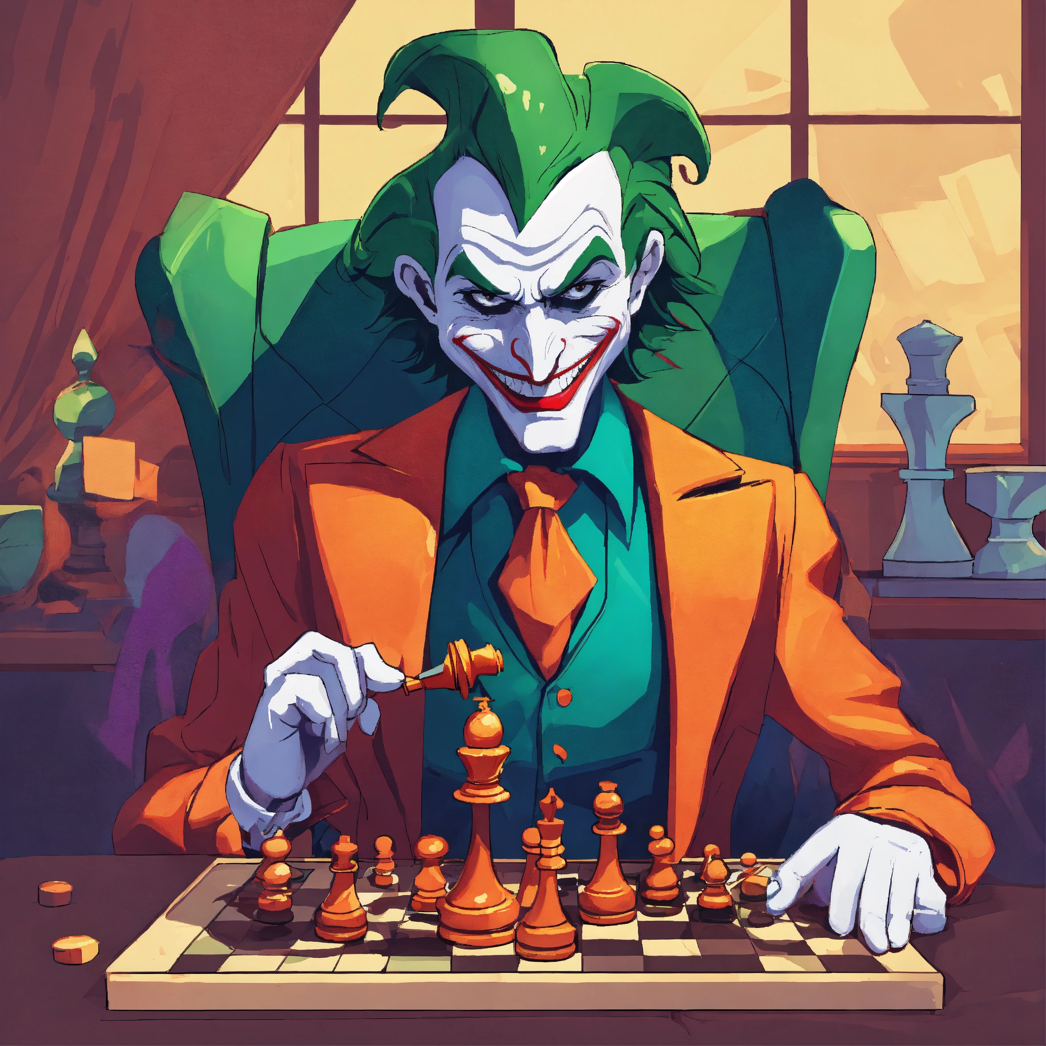 Lexica - Joker playing chess, cartoon style.