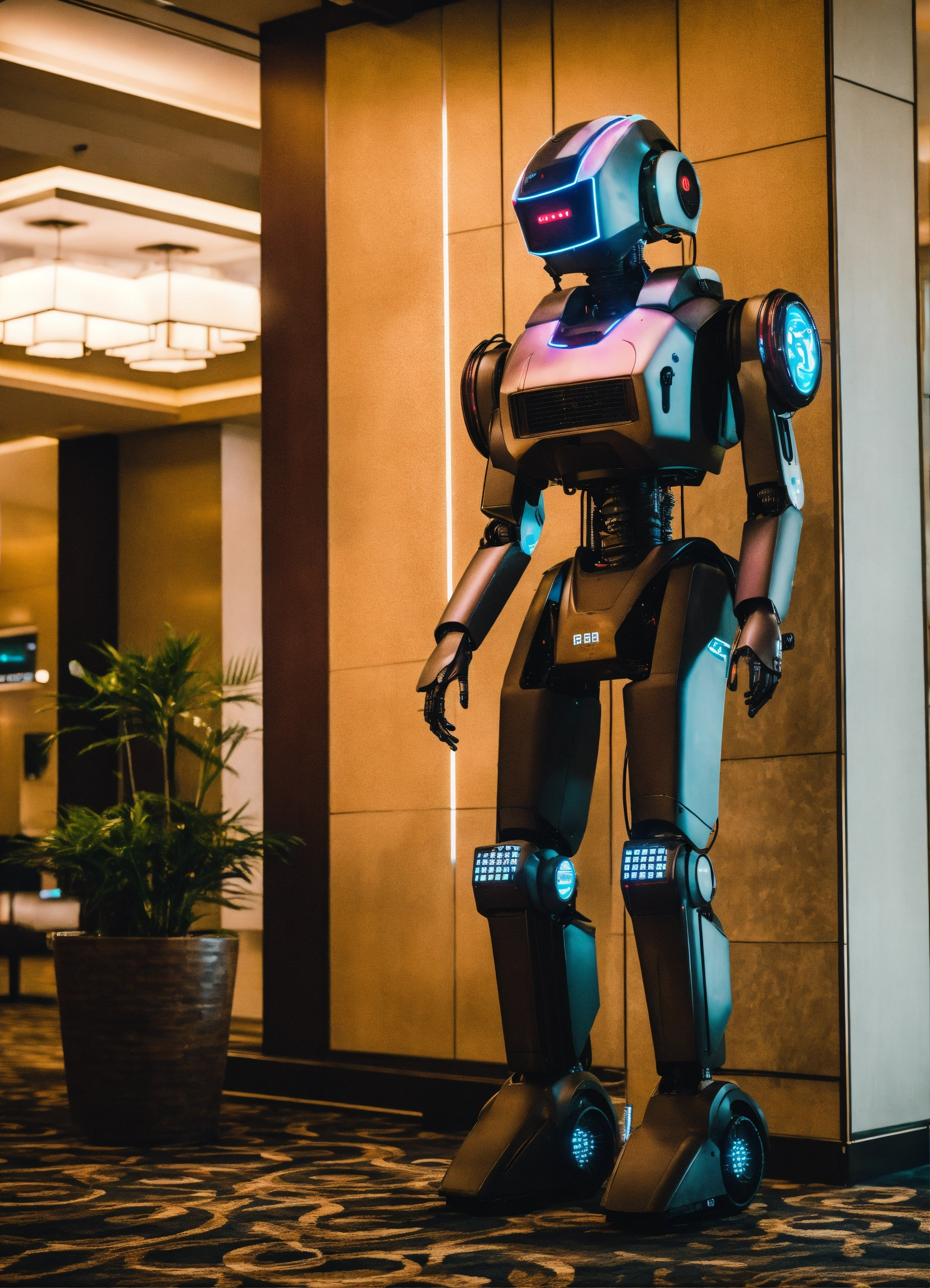 Lexica - Cyberpunk security robot in a hotel lobby