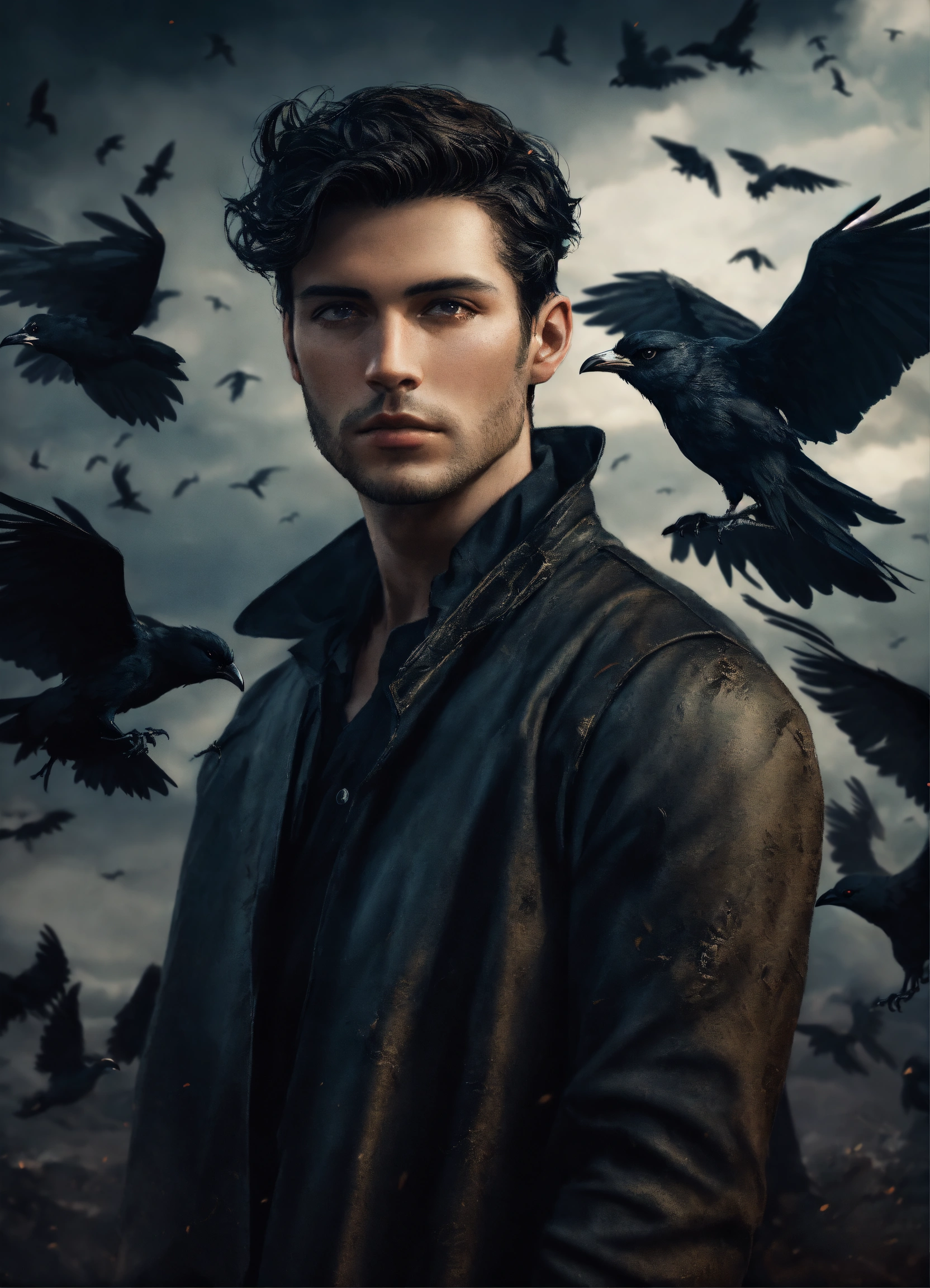 Lexica - Portrait of a handsome young dark-haired man with black wings ...