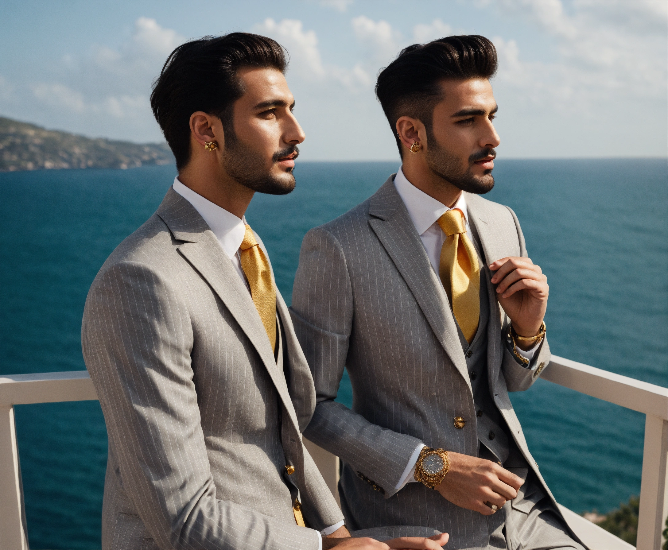Lexica - Two Turkish young male models in light grey pinstripe suit and ...