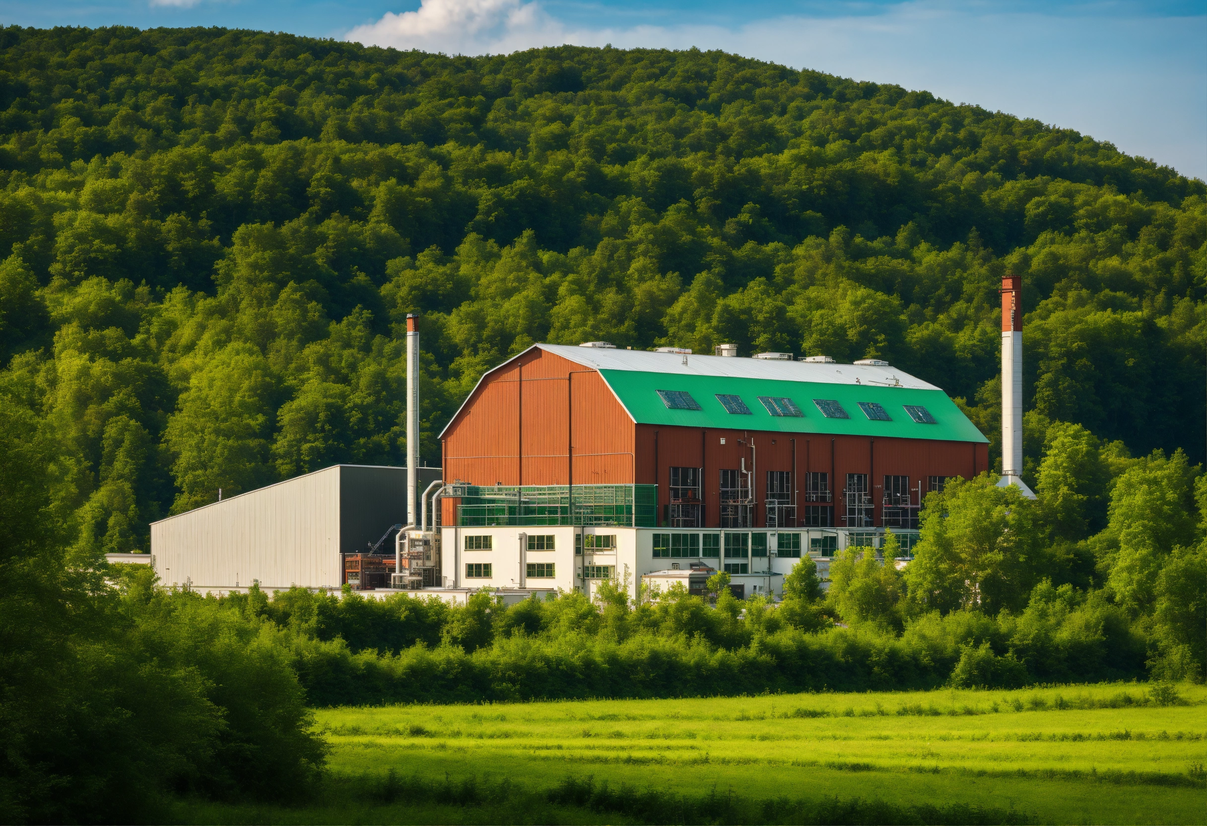 Lexica - Photo of a brewery style factory in a green nature landscape ...