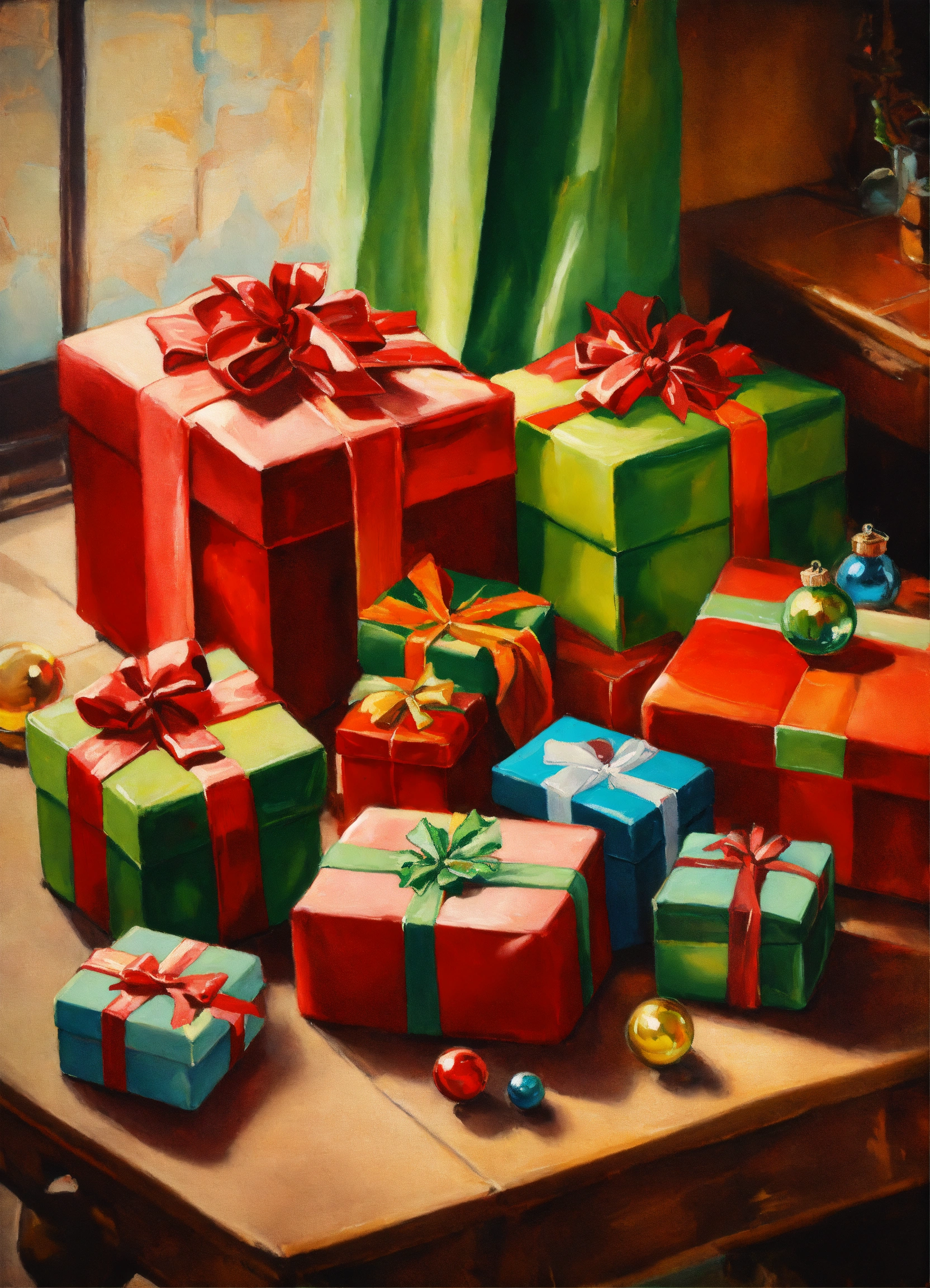 Lexica - Various retro christmas presents on a vintage table, solid ...