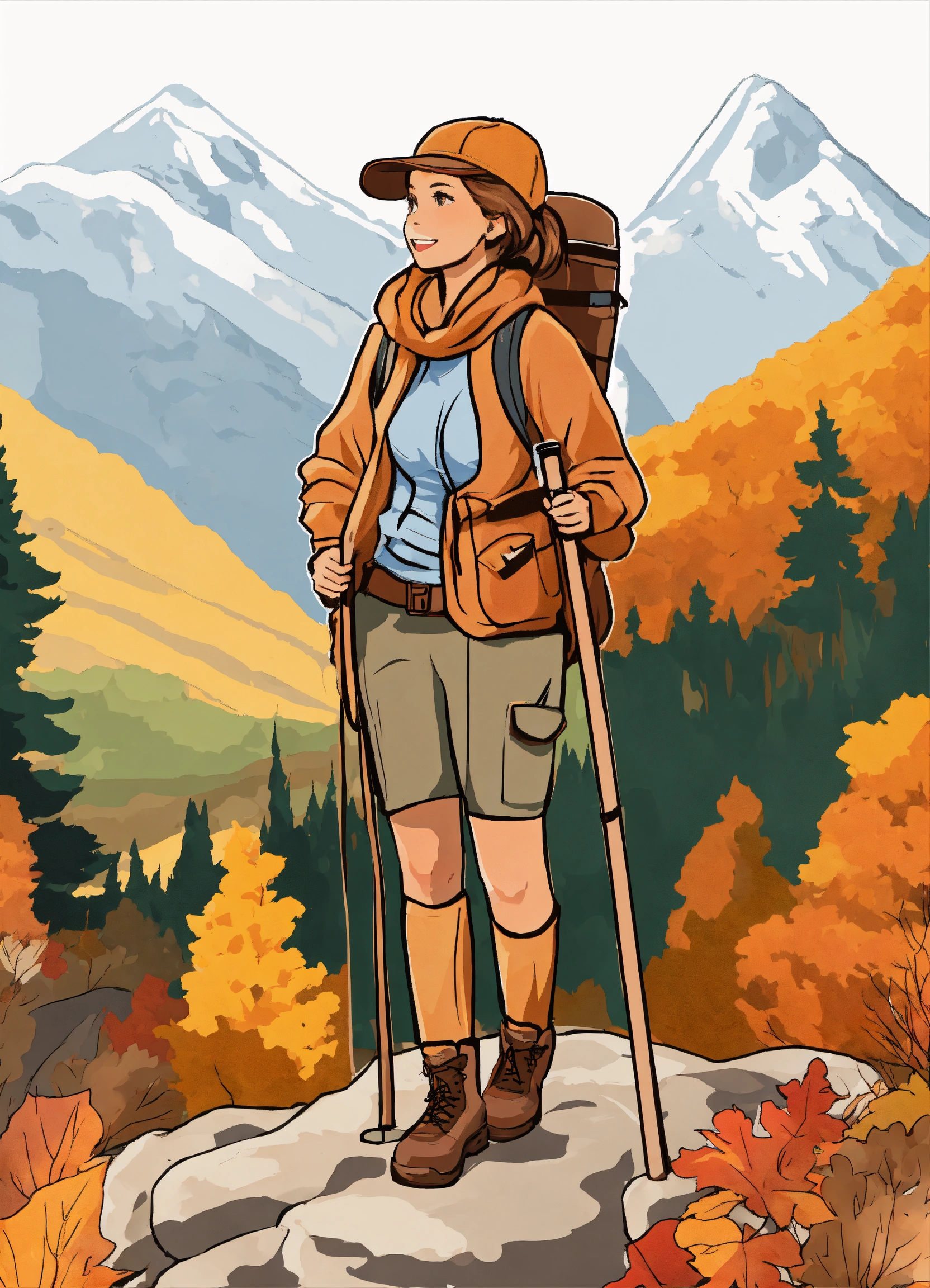 Lexica - Adorable female hiker, with wooden hiking stick, in autumn and ...