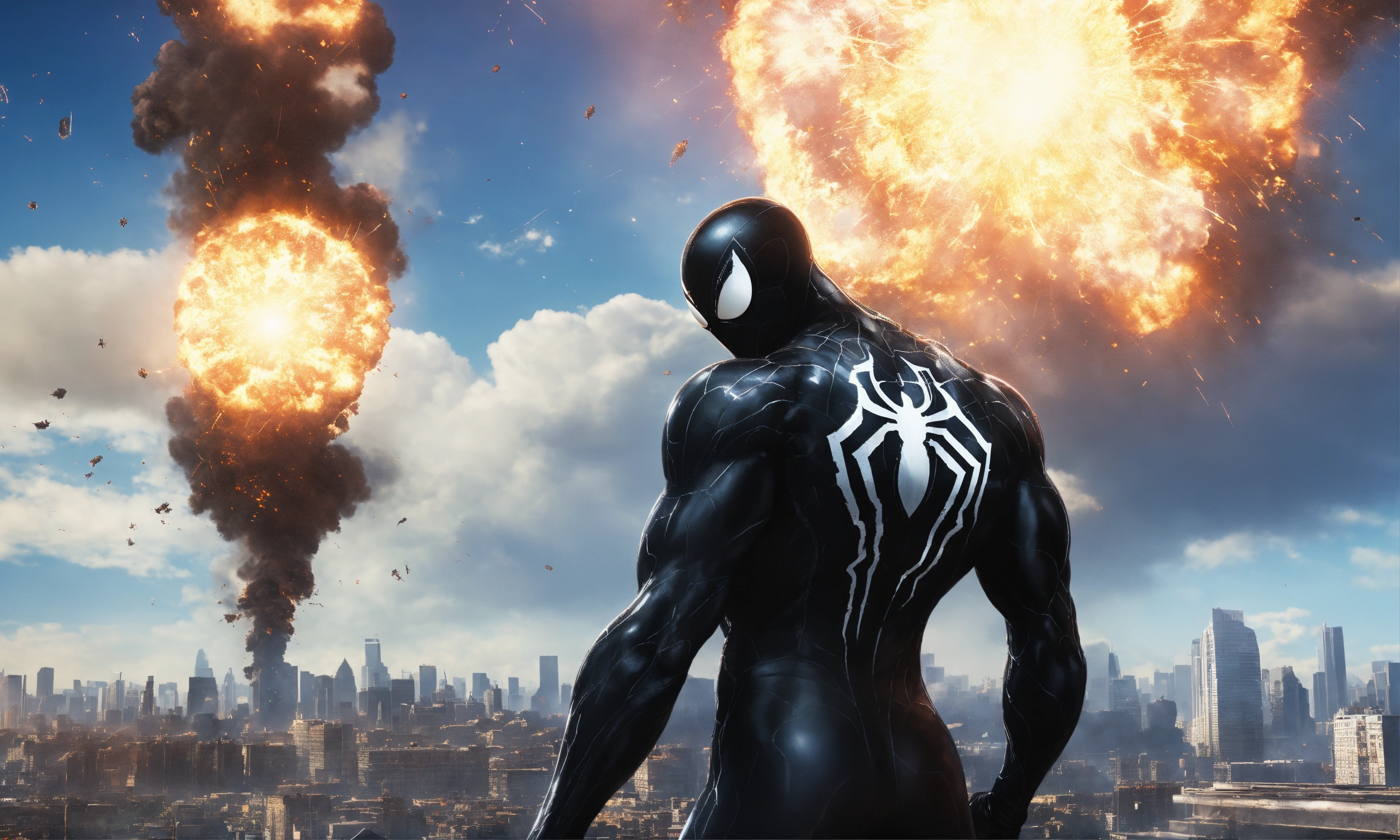 Lexica - Black symbiote close up, 4k, city background with explosions ...
