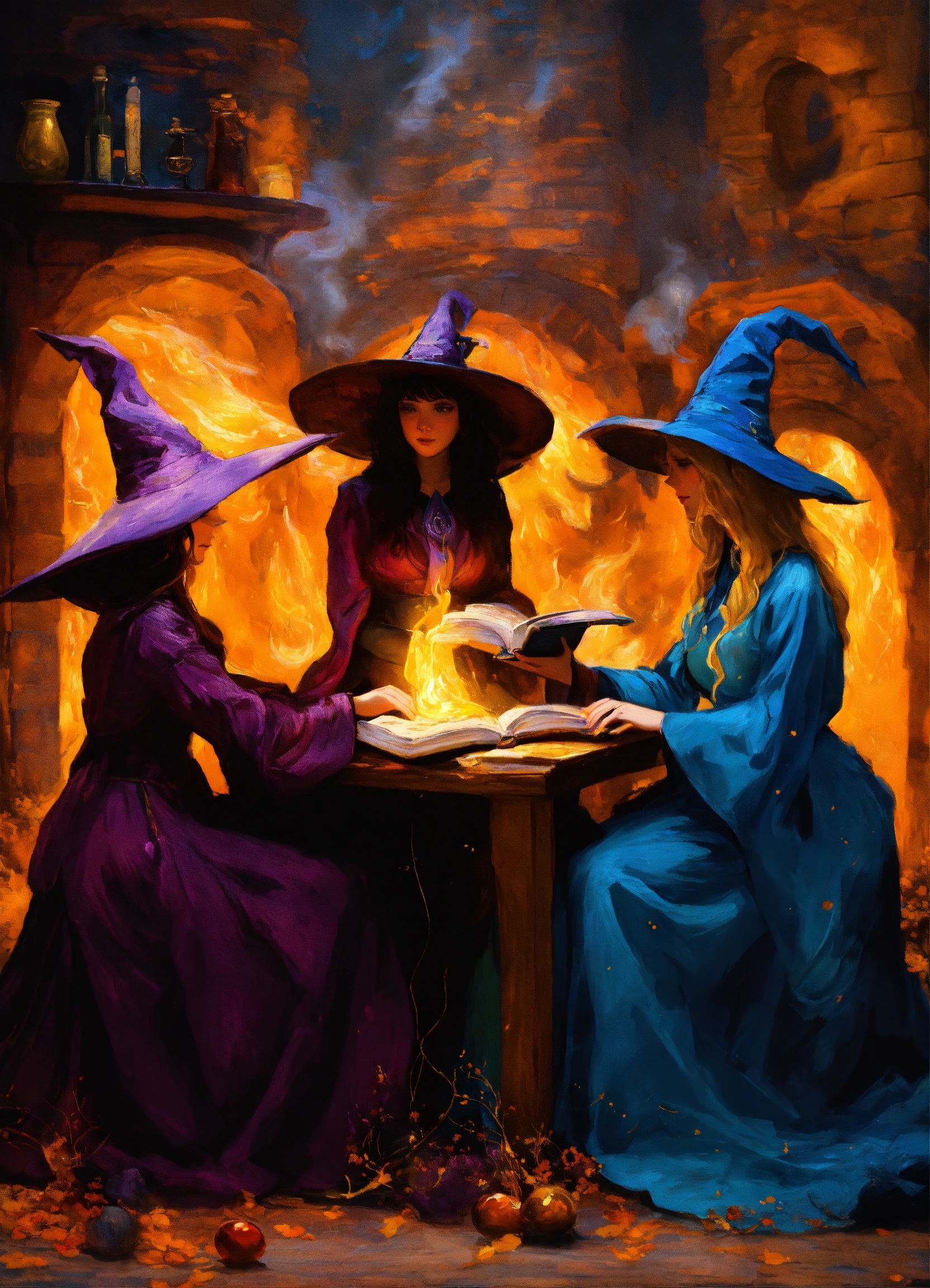 Lexica - 3 fantasy art witches creating a potion. The one in the middle ...