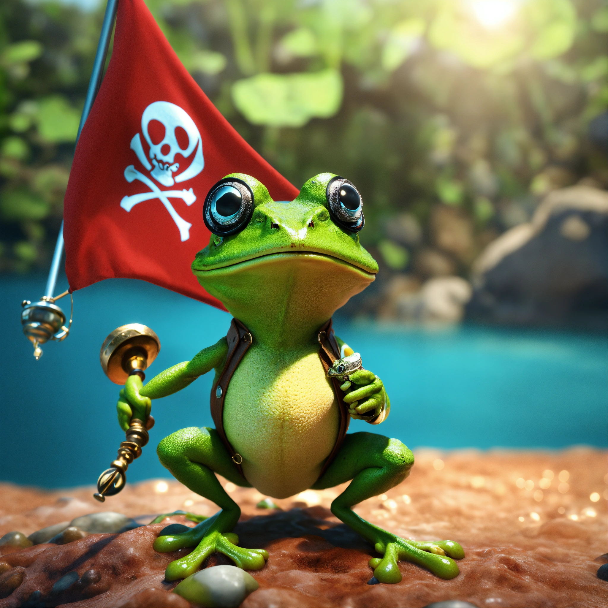 Lexica - Pirate frog, wearing a pirate hat, holding a pirate flag ...