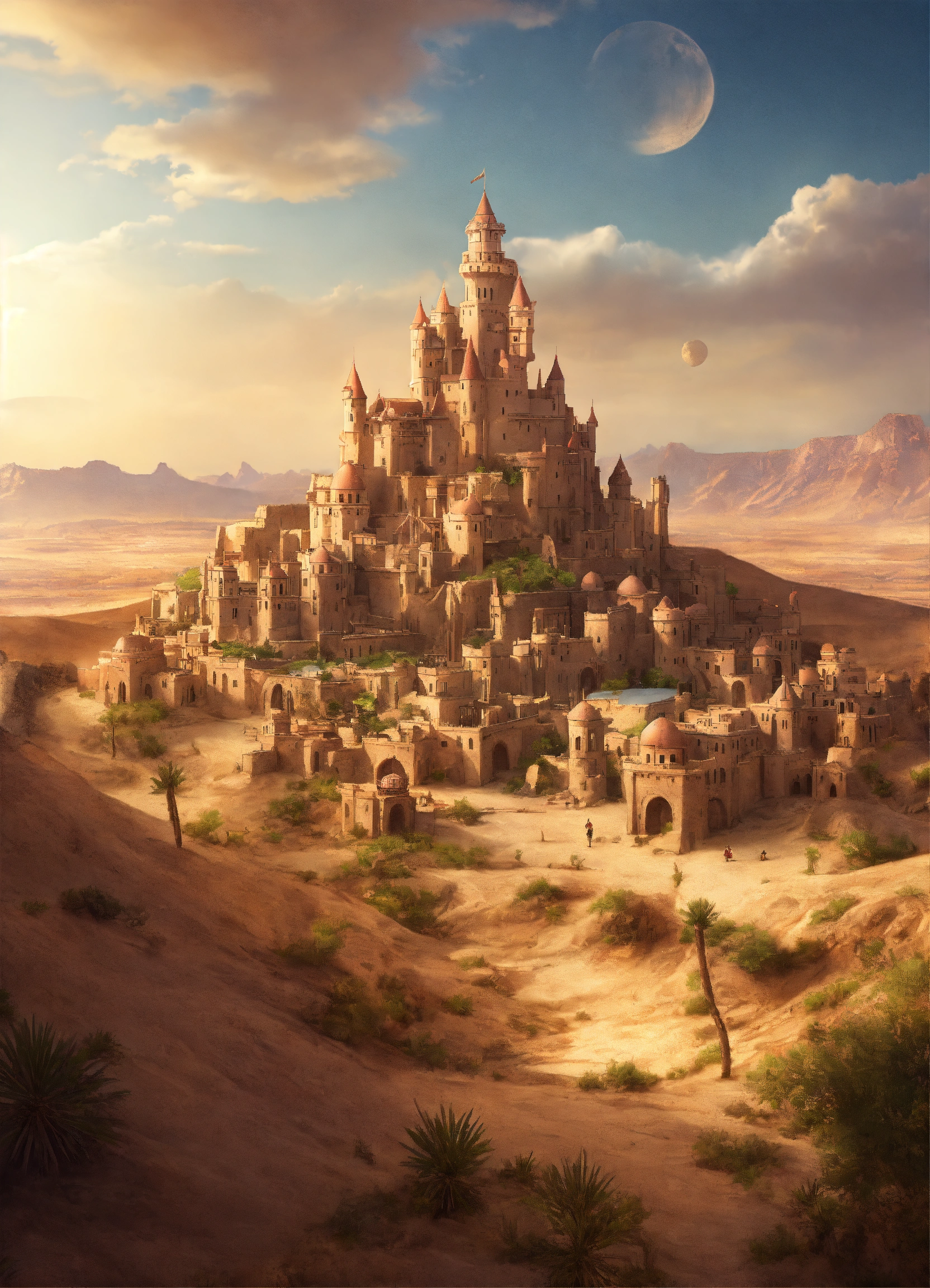 Lexica - Fantasy, desert town with castle in the middle