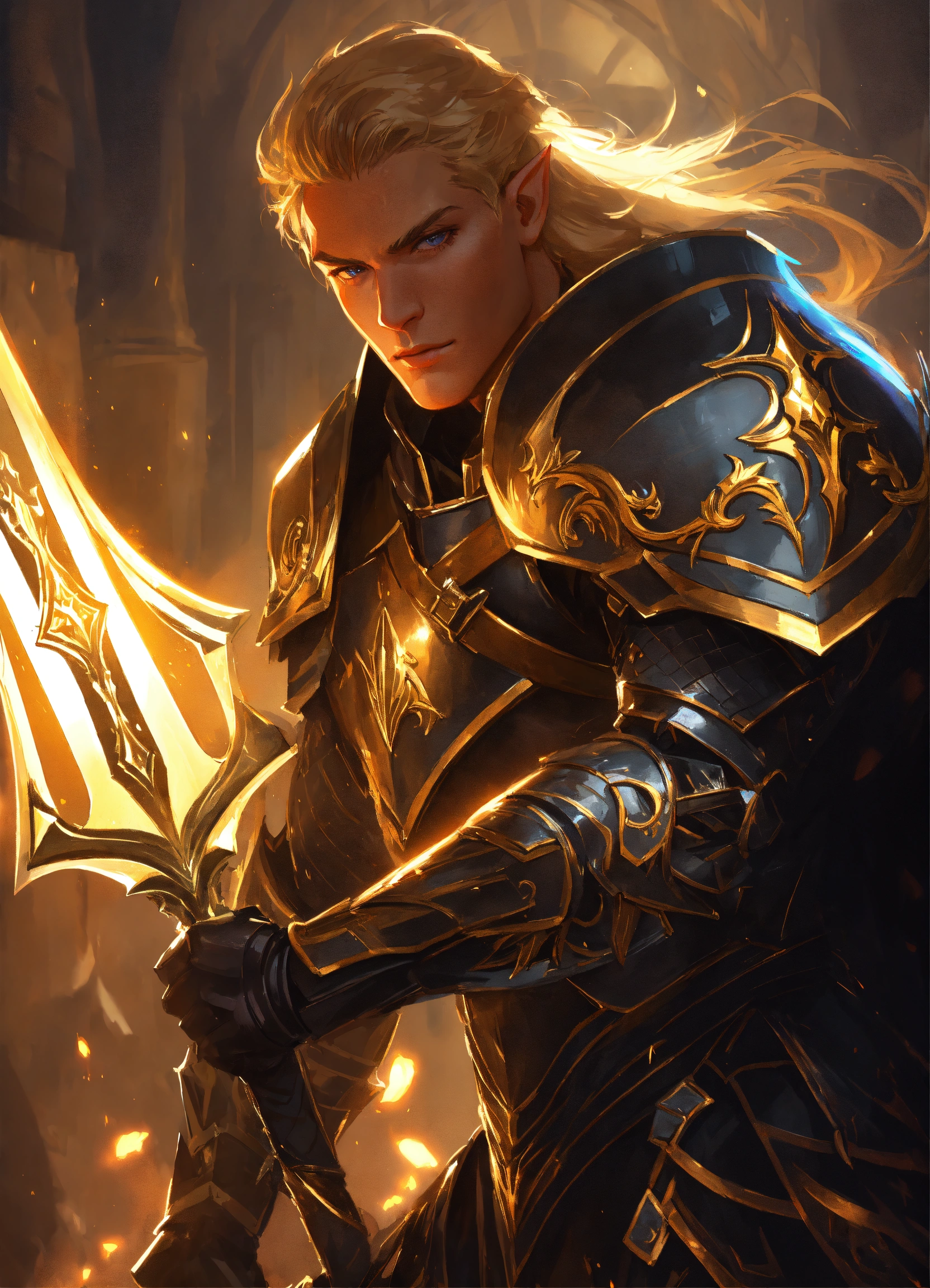 Lexica - Male elf paladin with golden skin in heavy magical dark black ...