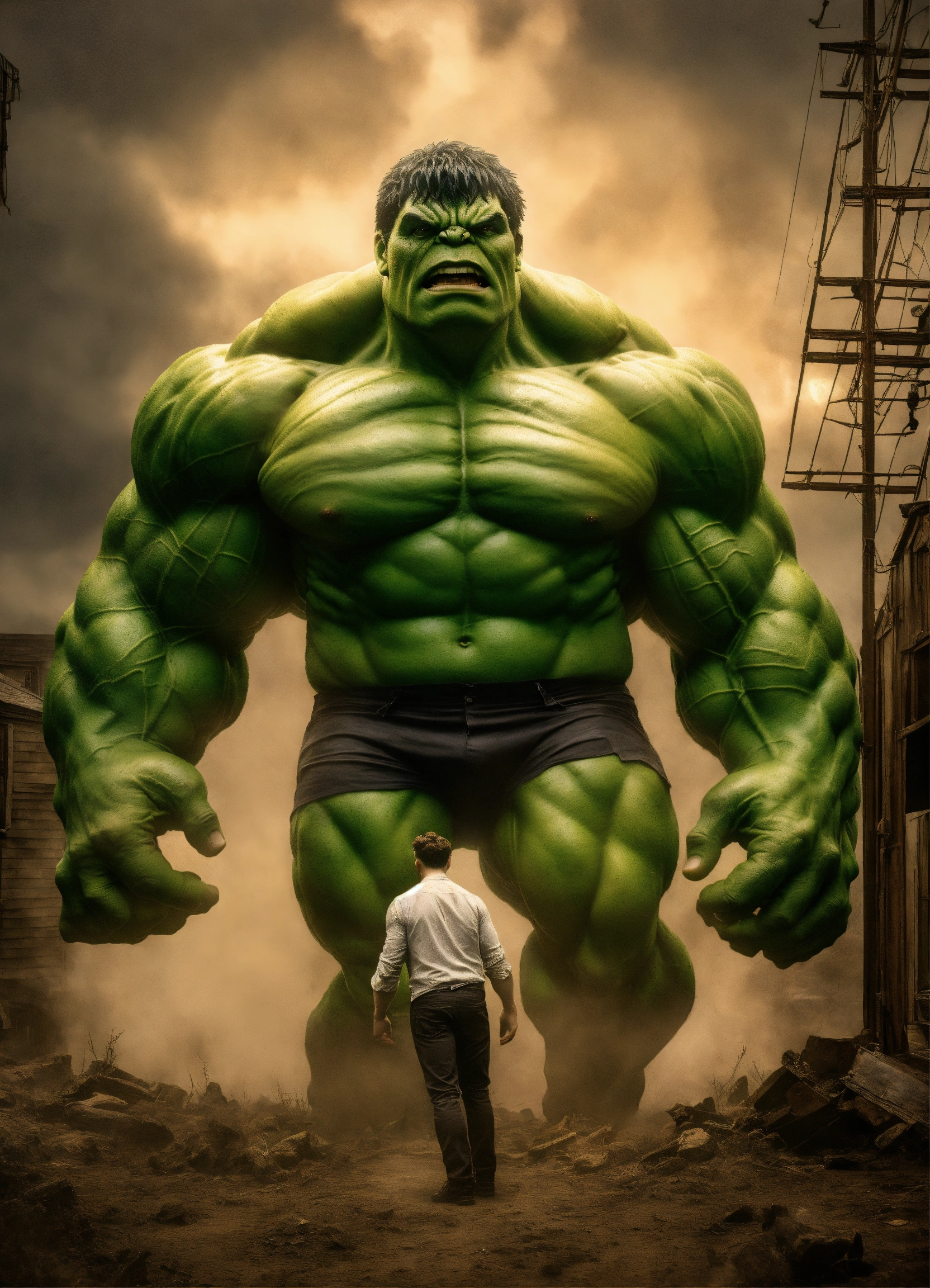 Lexica - Young man standing next to a giant hulk, in the style of ...