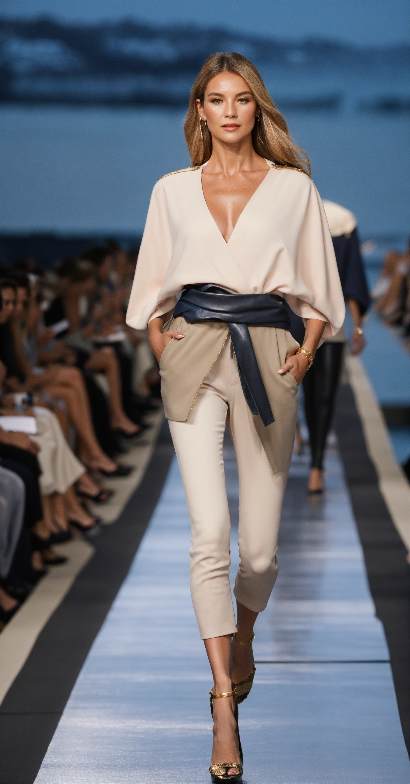 Lexica - 3d realistic photo of female captain walking runway during ...