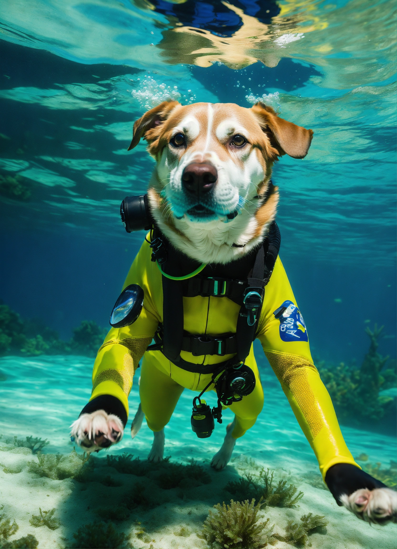 Lexica - Generate an image of a dog biking underwater in a scuba diver ...