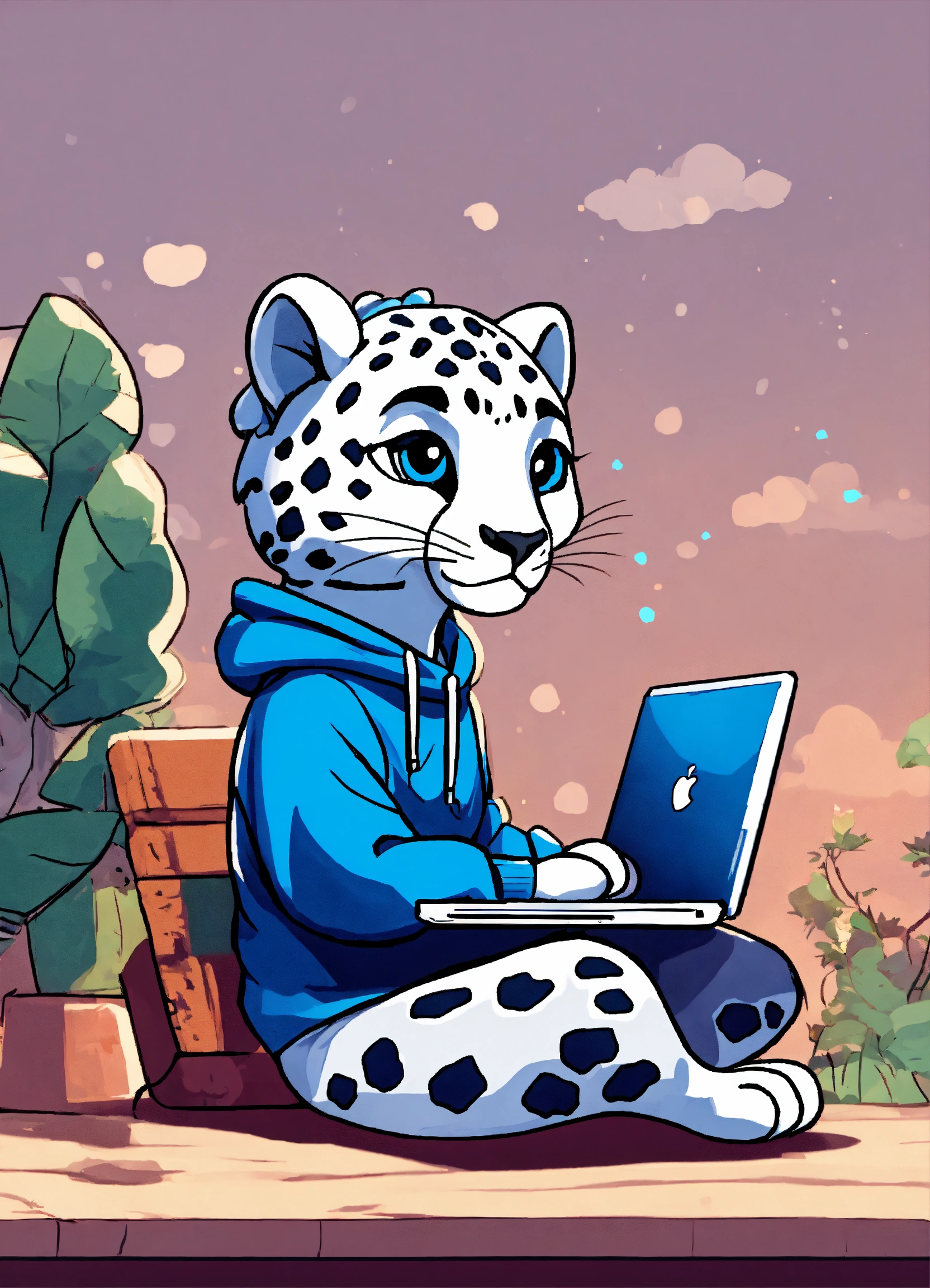 Lexica - Snow leopard in a blue sweatshirt with a laptop Cute 2d simple ...