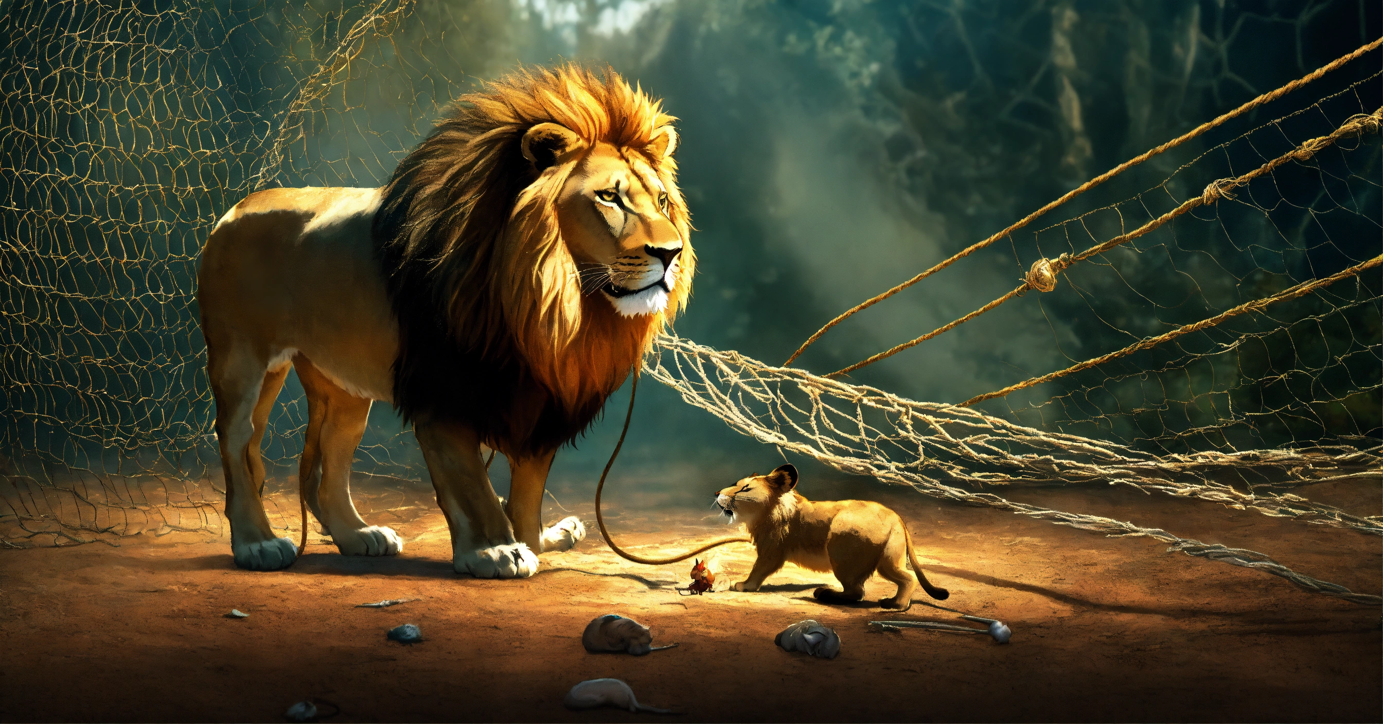 Lexica - Image of the lion trapped in a net and the mouse chewing the ...