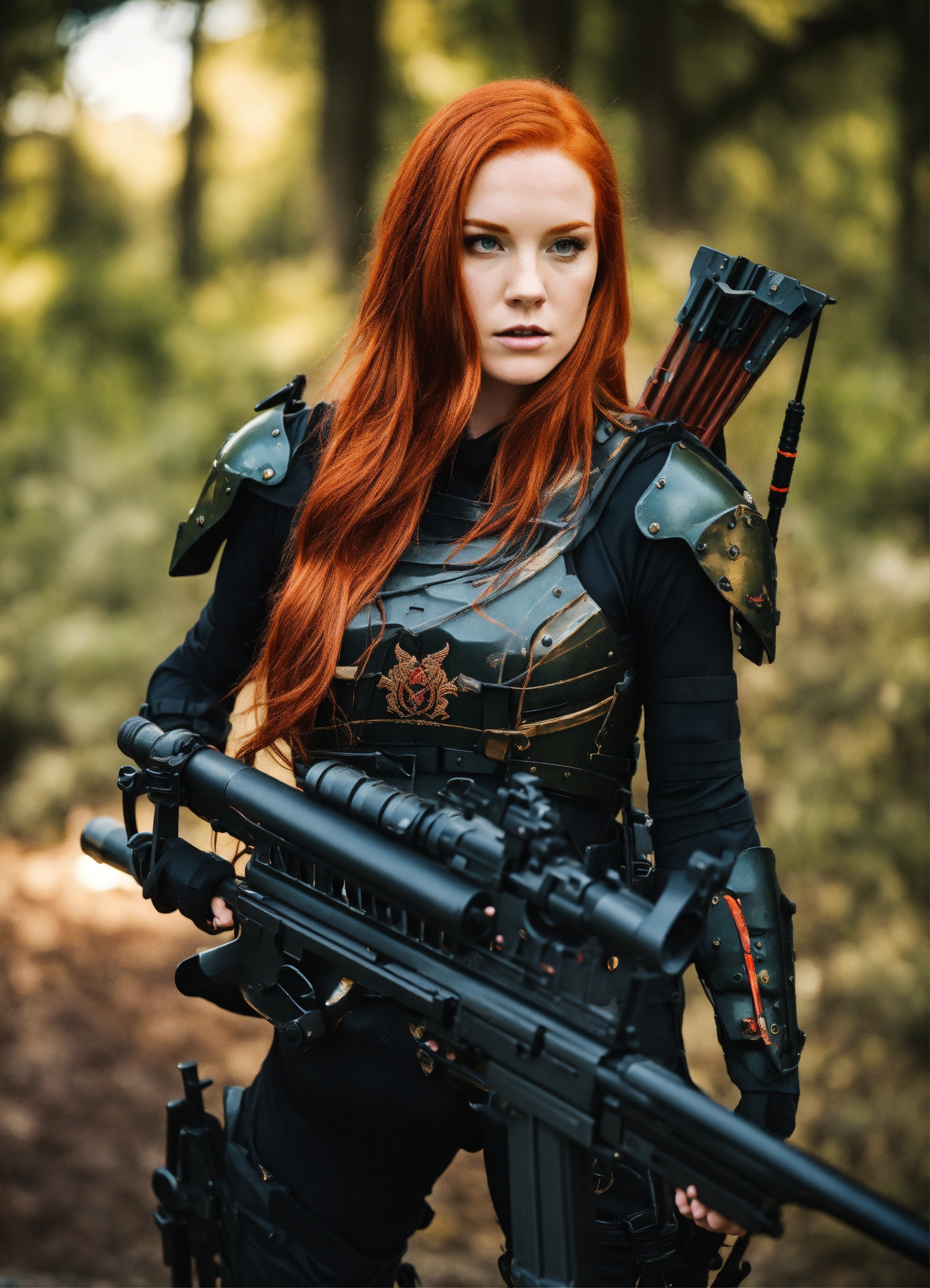 Lexica - Female athletic red hair model wearing black metal military ...