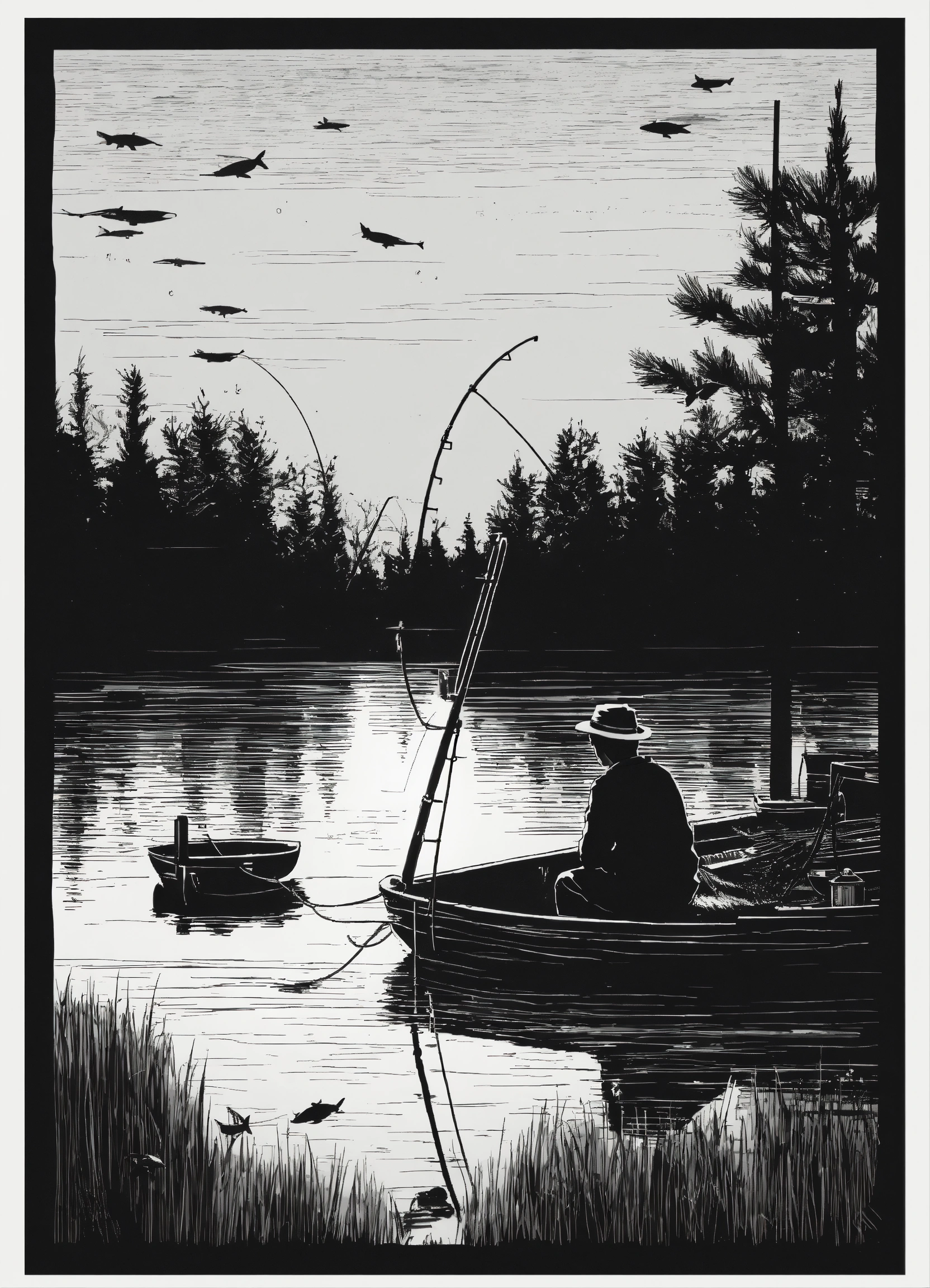 Lexica - Simple fisherman catching fish monochrome print