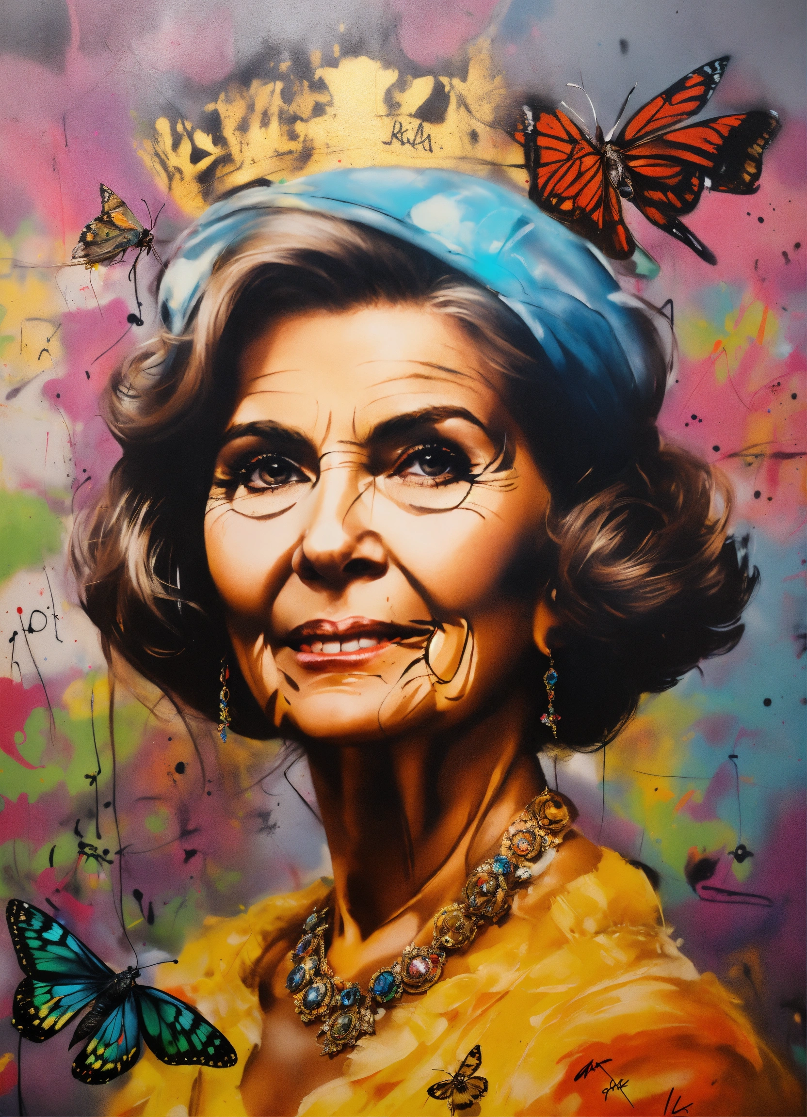 Lexica - Queen Sofia with a moth hovering around her in graffiti style ...