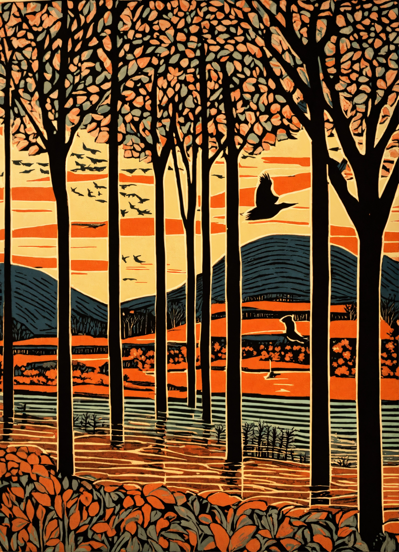 Lexica - Linocut, trees and birds