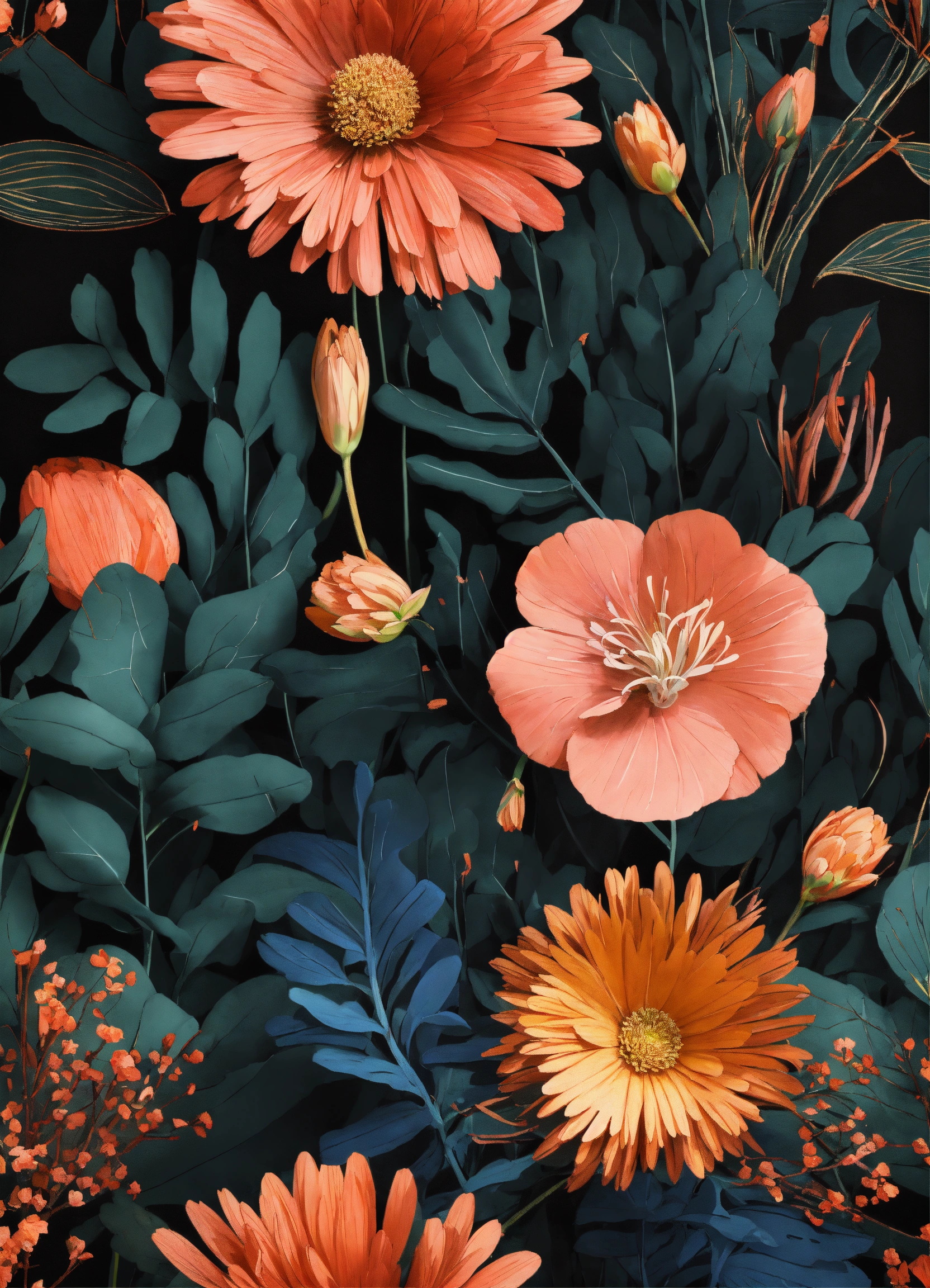 Lexica - Abstract botanical illustration with flowers, leaves, in 3d ...