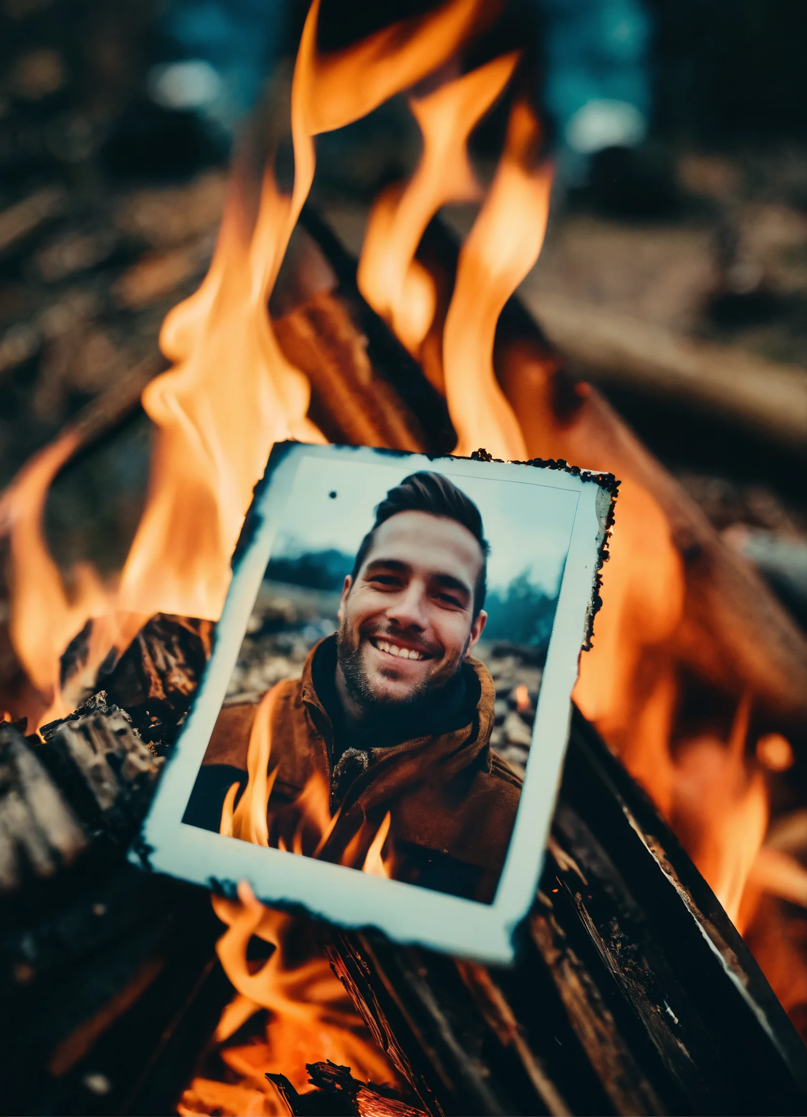 Lexica - Close shot of polaroïd pictures burning in a big bonfire. In ...