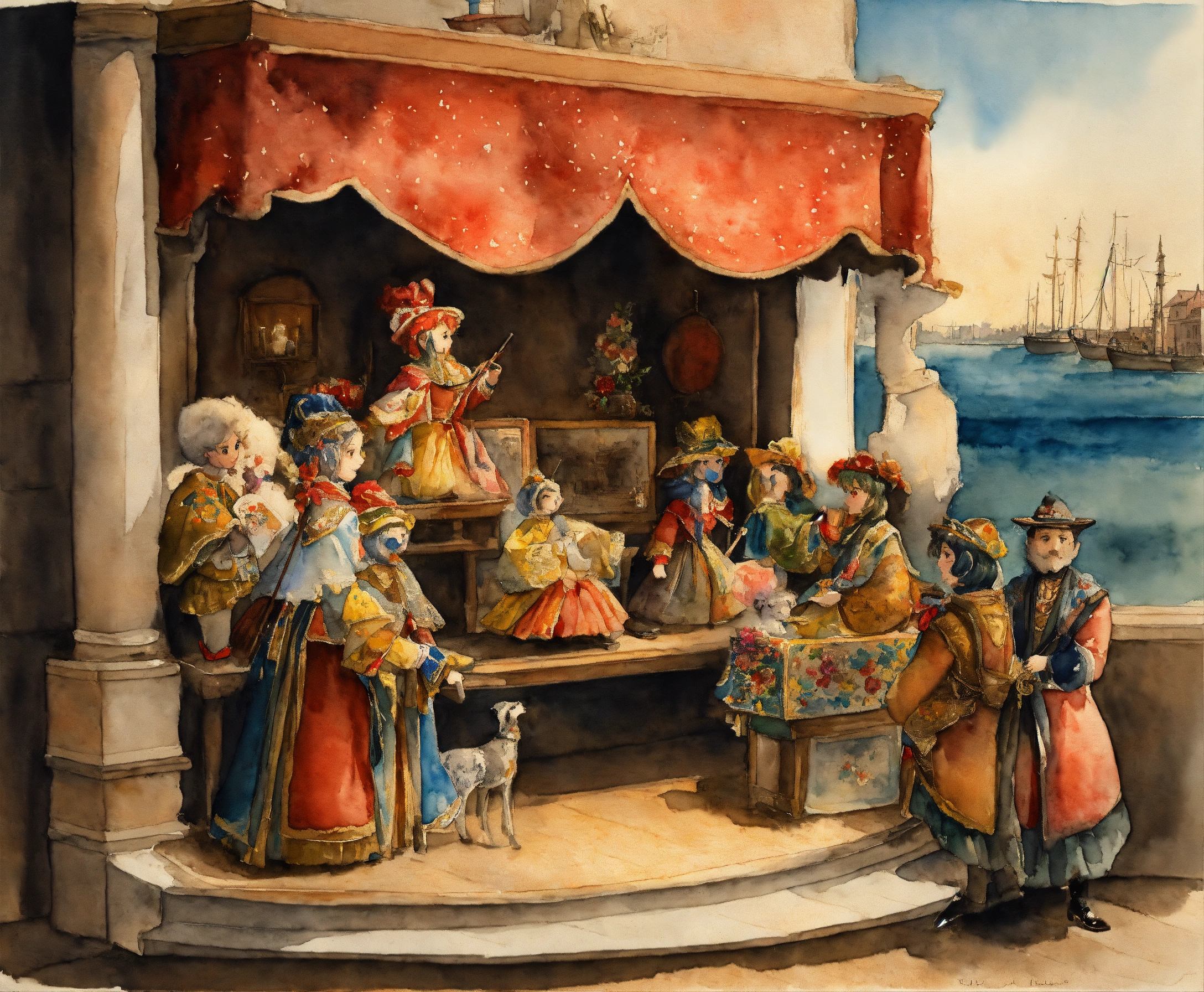 Lexica - Watercolor, very detailed, a little Venetian puppet show, with ...