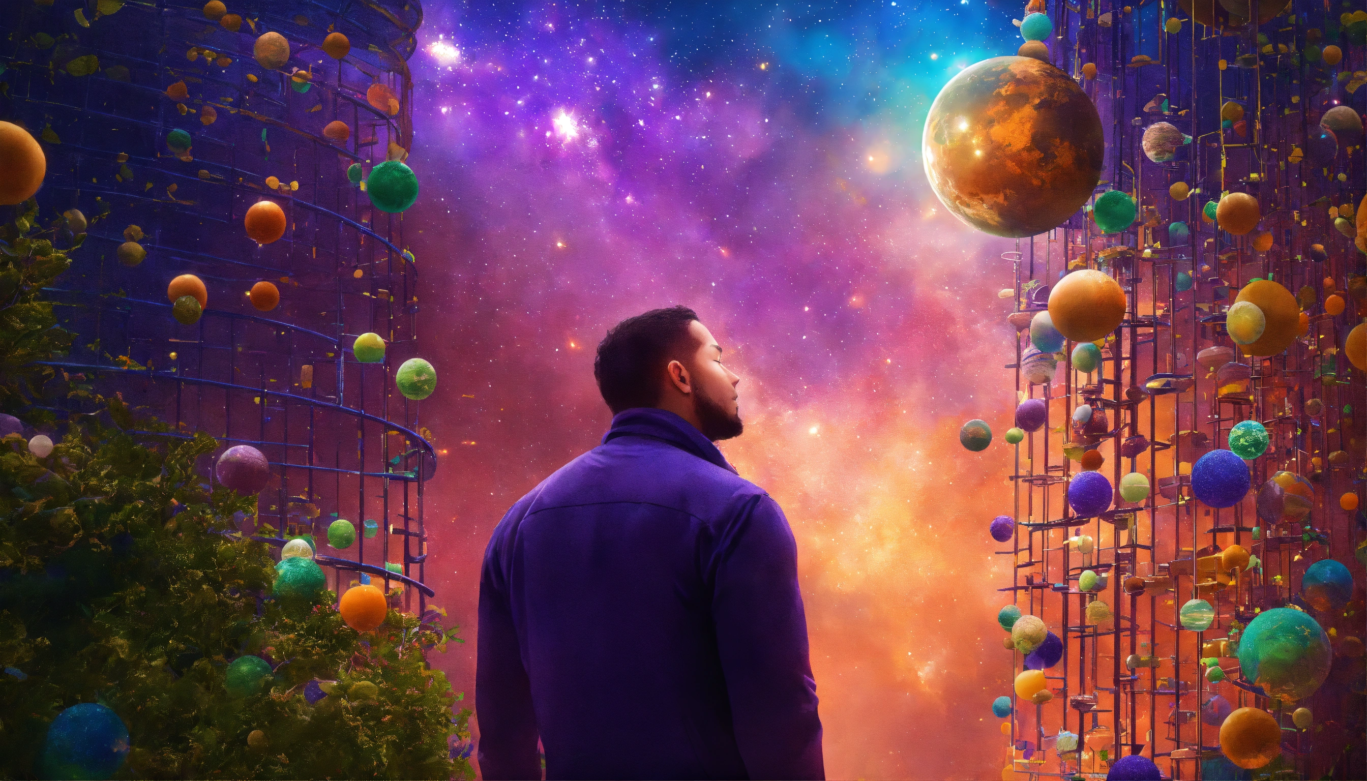 Lexica - Well built man looking up, dna strands floating in the ...