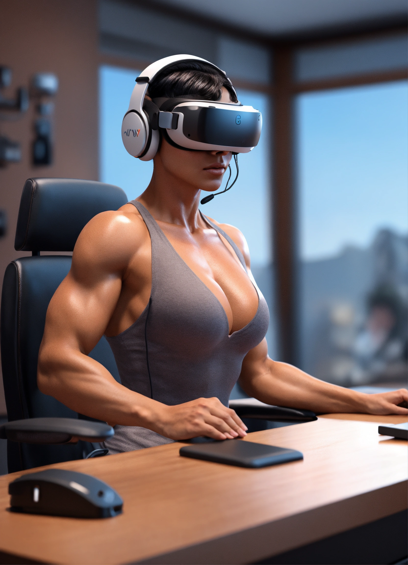 Lexica - A woman with short black hair and VR goggles sitting at a front desk. Oiled tan skin ...