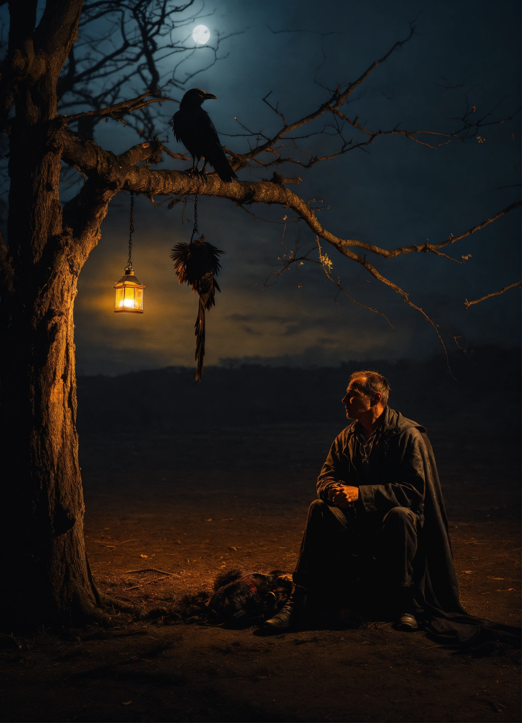 Lexica - A dead man hanging on the ground in the dark night, with a ...