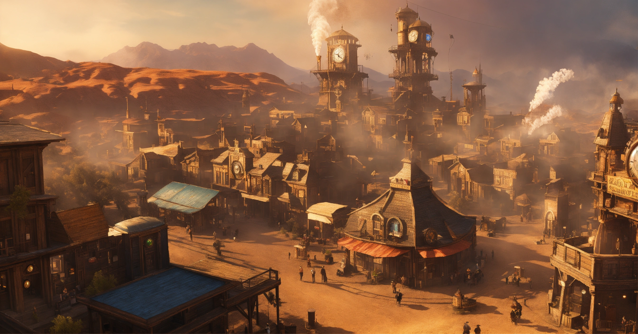 Lexica - Wide shot from above of a steam punk town in a wild west ...