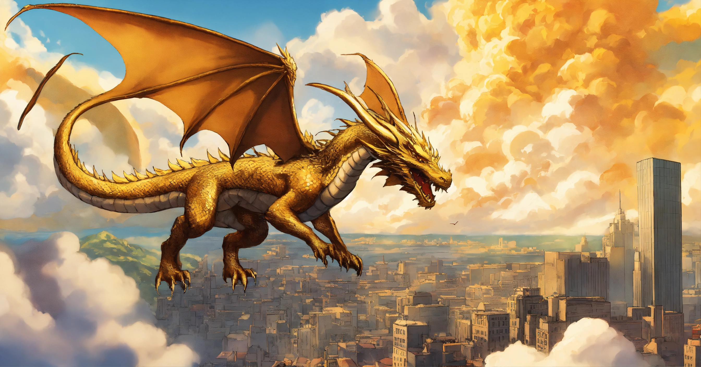 Lexica - Grinning Gold Dragon, flying over clouds, with a city beneath ...