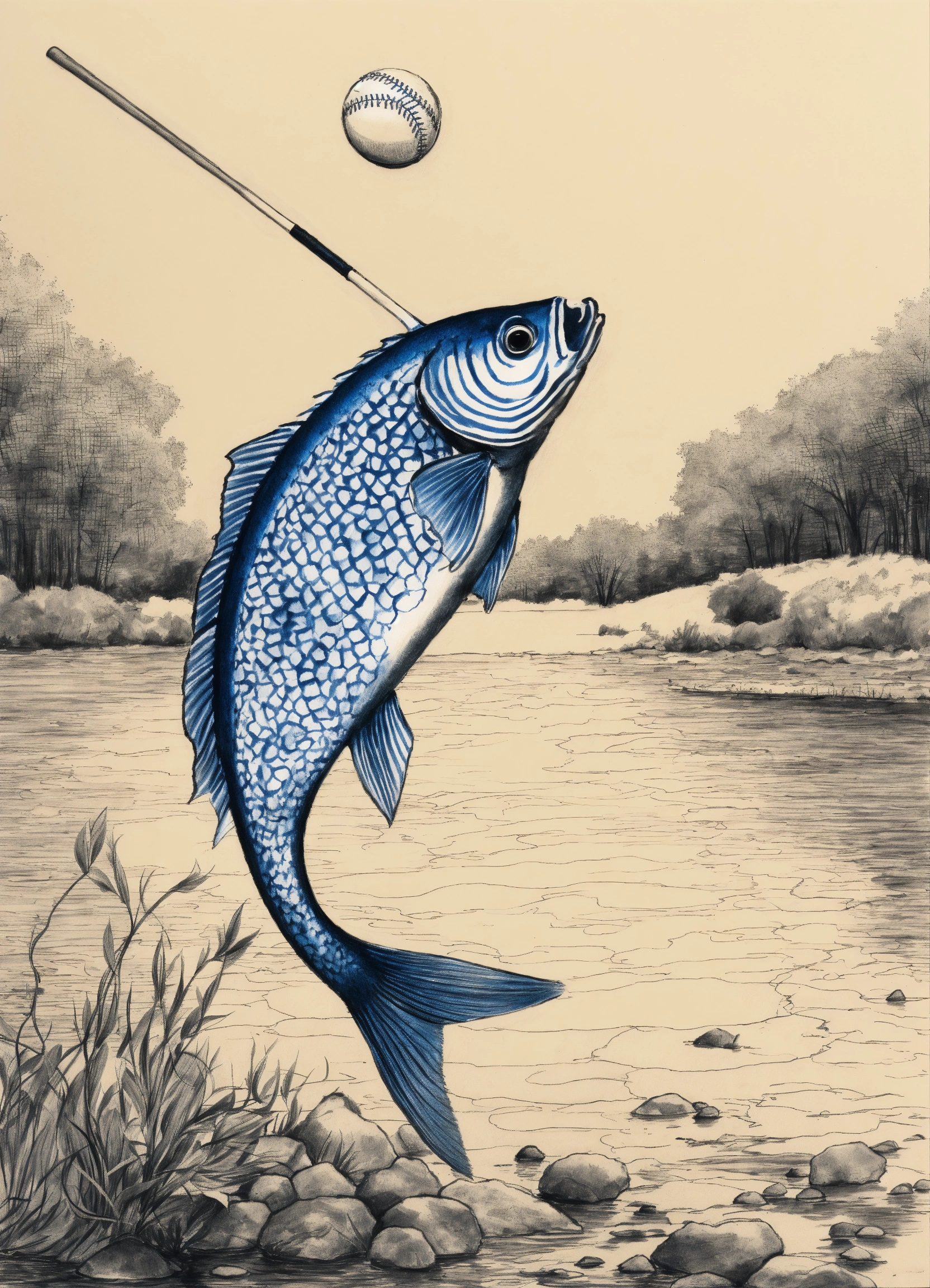 Lexica - Ink drawing of a fish playing baseball.