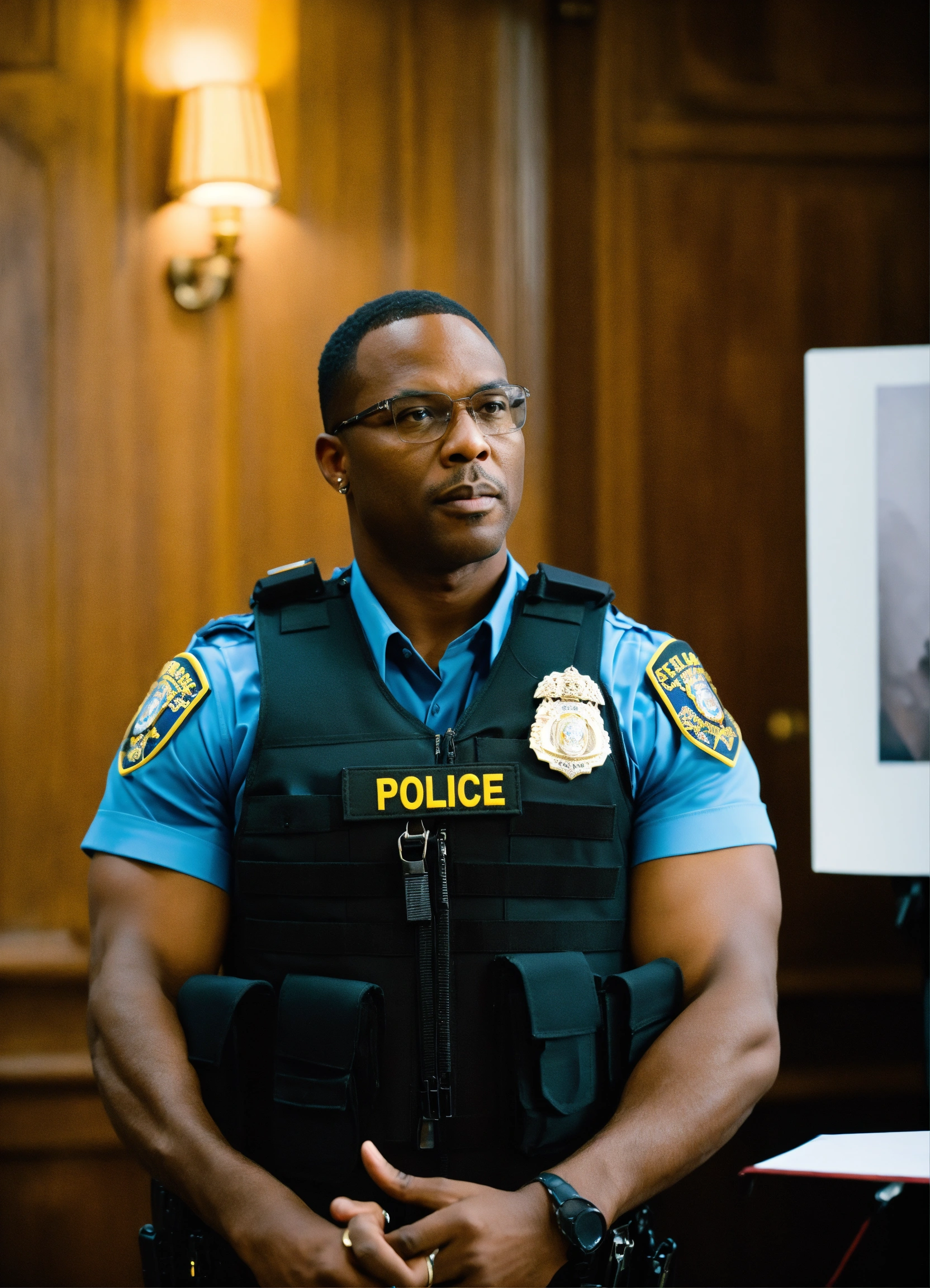 Lexica - Black man police officer, strong, wearing a vest and badge ...
