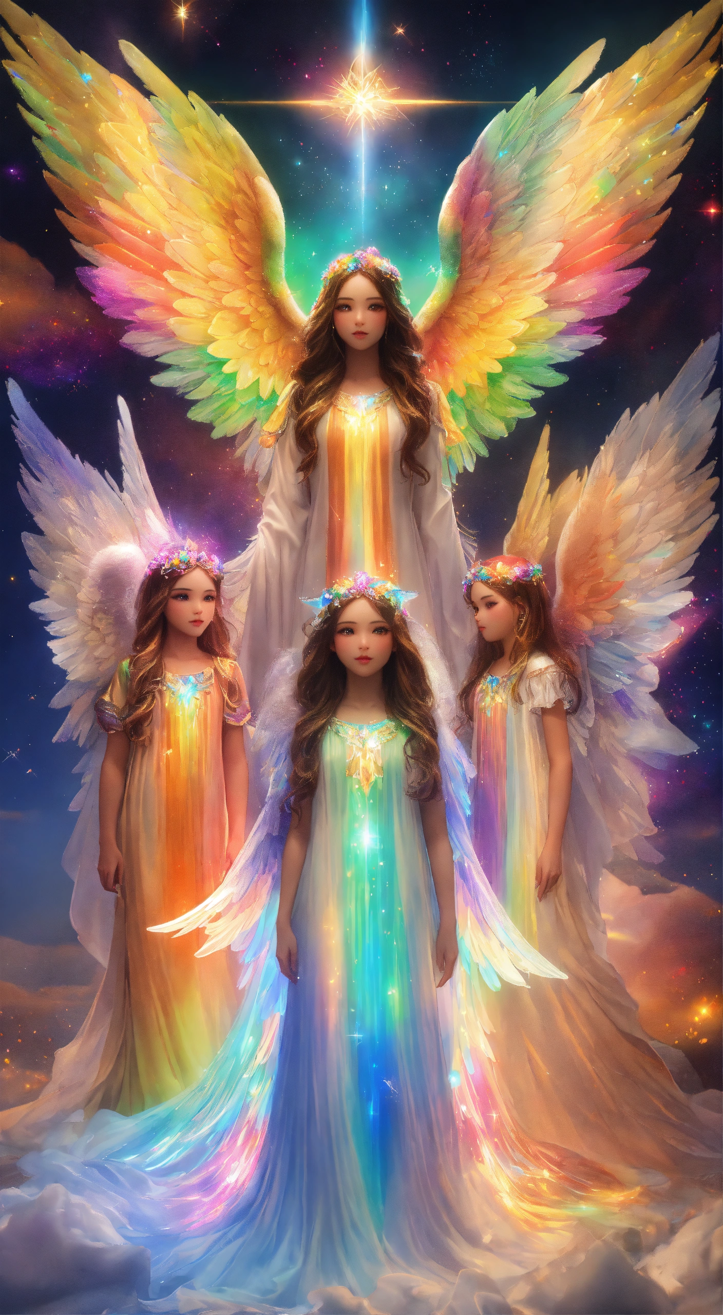 Lexica - 7 hyper-detailed holographic angels together with detailed and ...