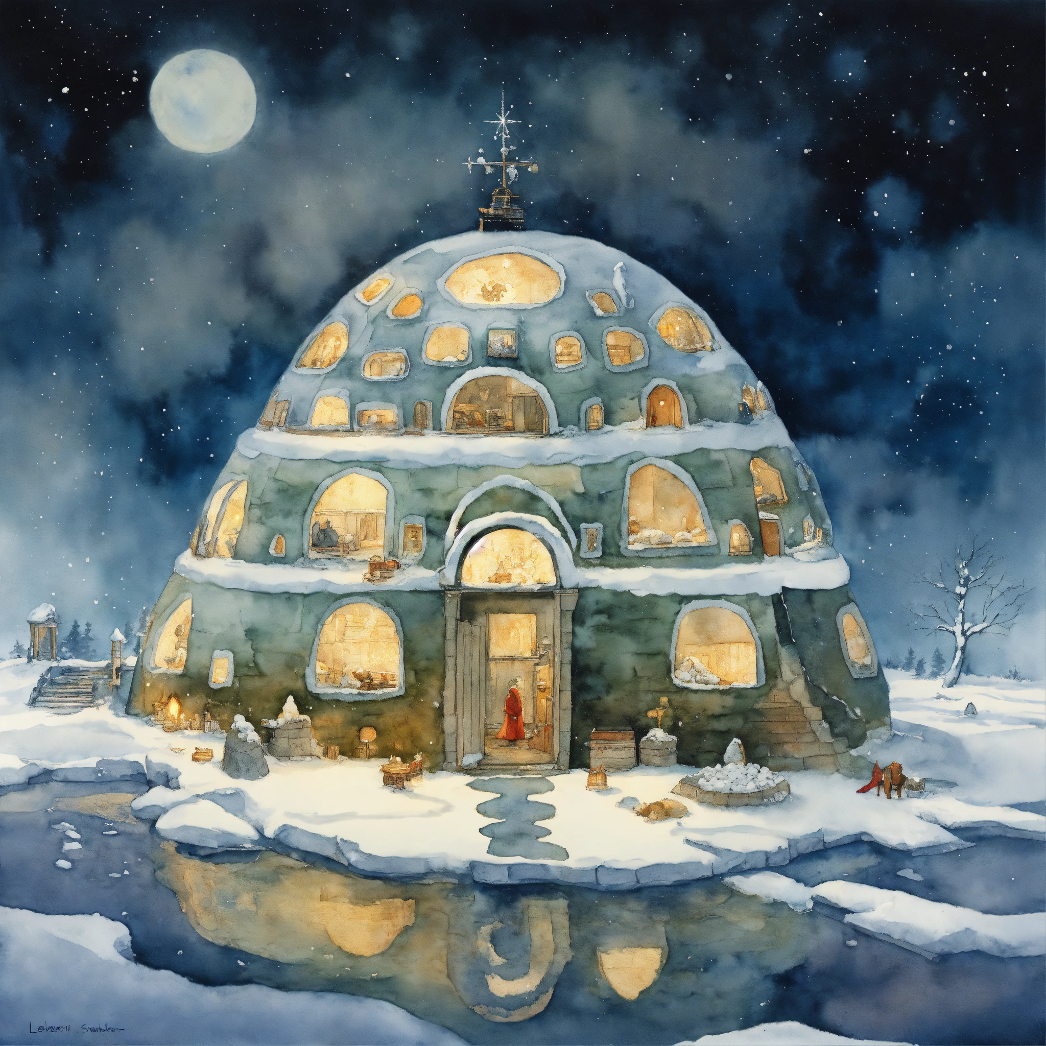 Lexica - A watercolor painting depicting an intricately detailed igloo ...