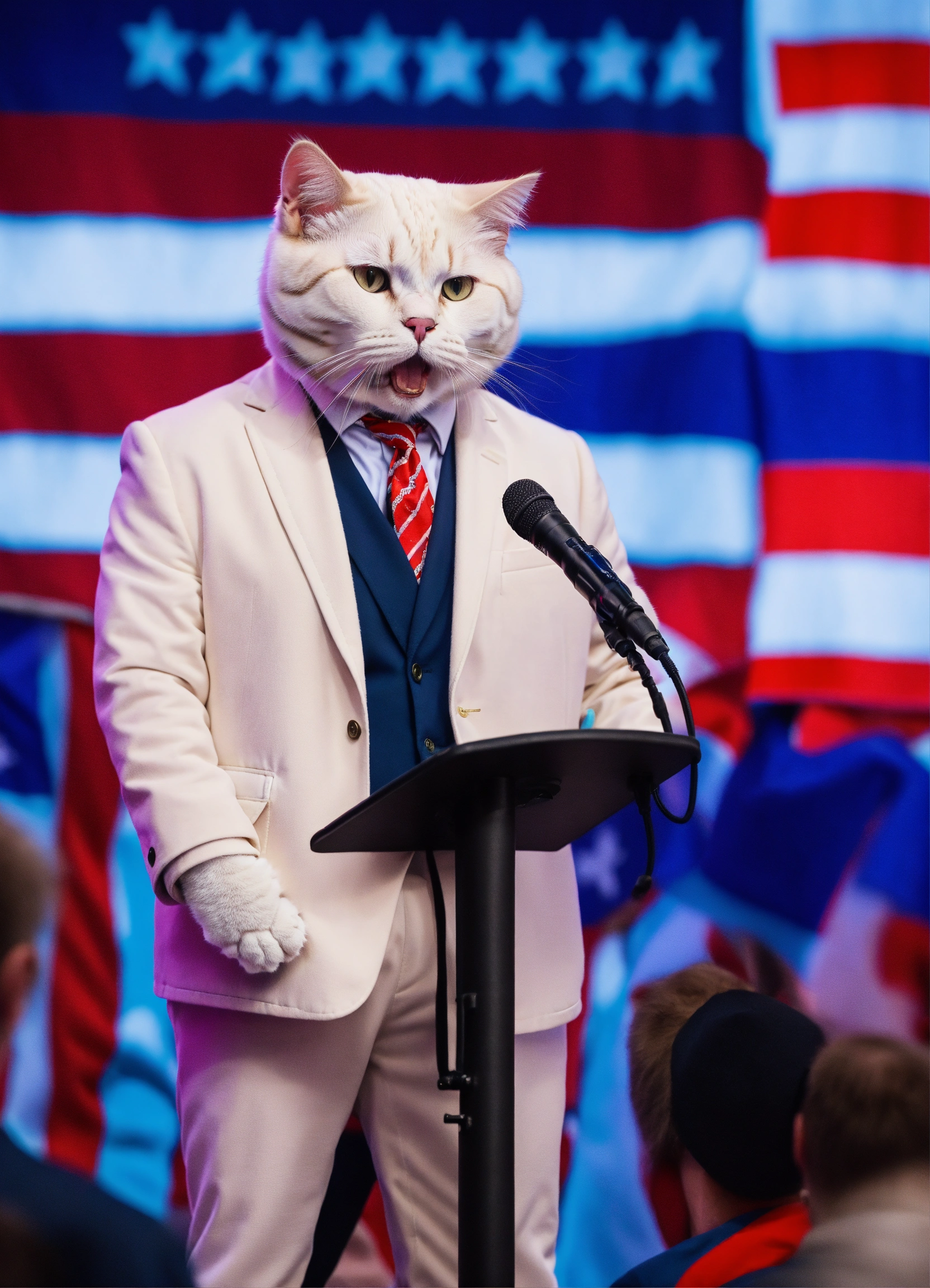 Lexica - A white british shorthair cat wearing giving a speech, on ...