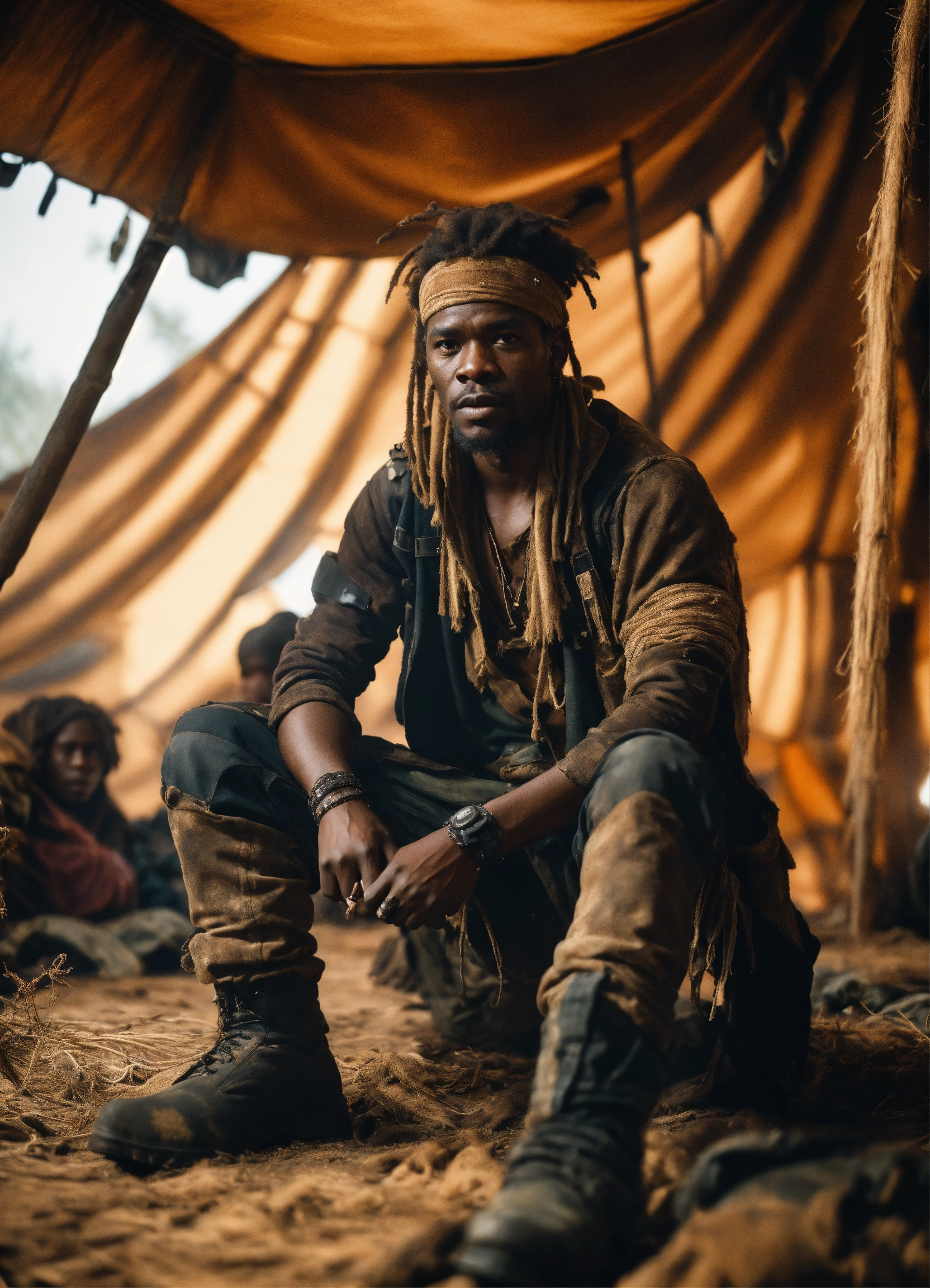 Lexica - A realistic photo of a black survivor dressed in ragged post ...