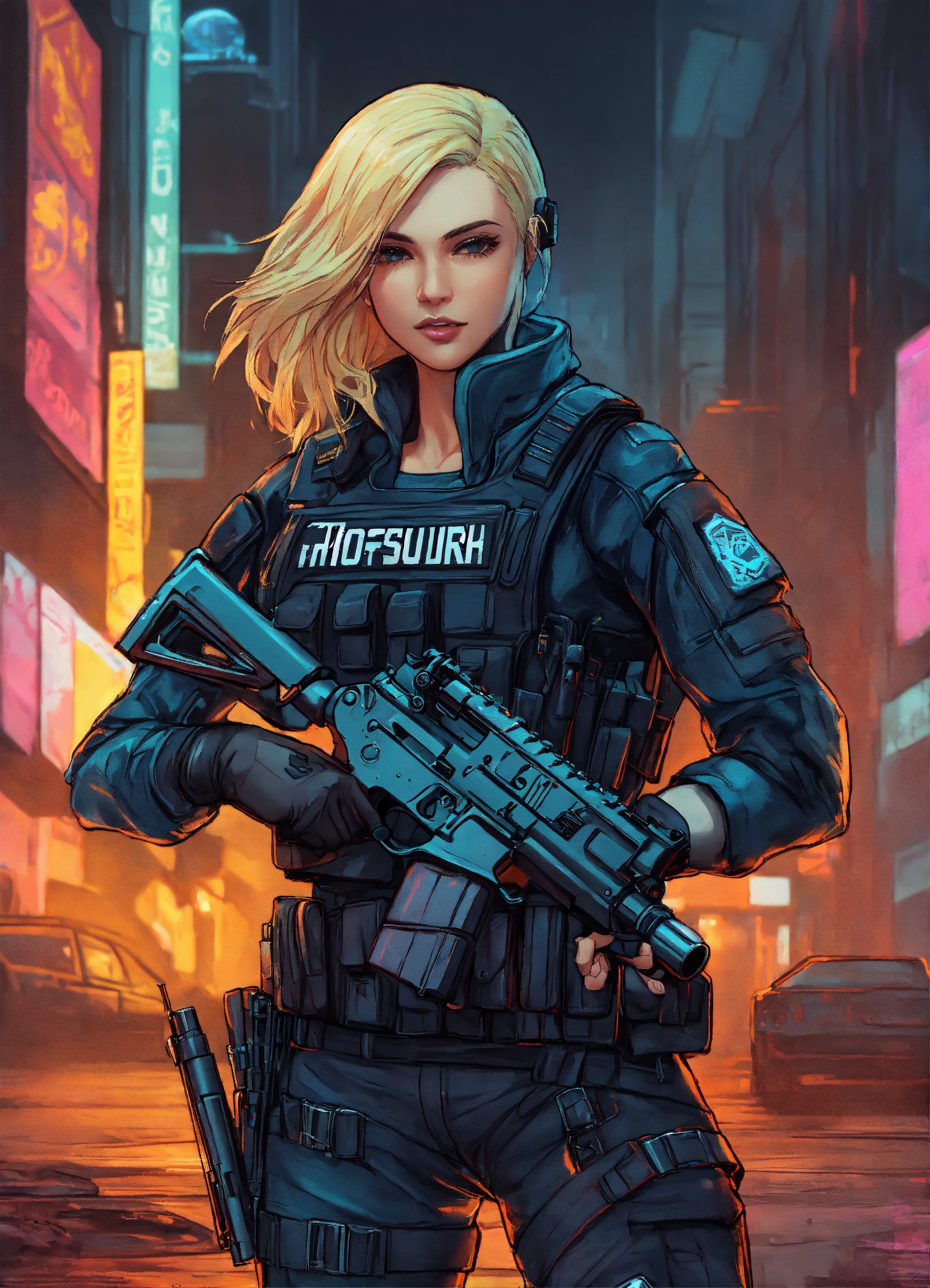 Lexica - Cyberpunk blonde SWAT cop with tight flack vest holding a ...