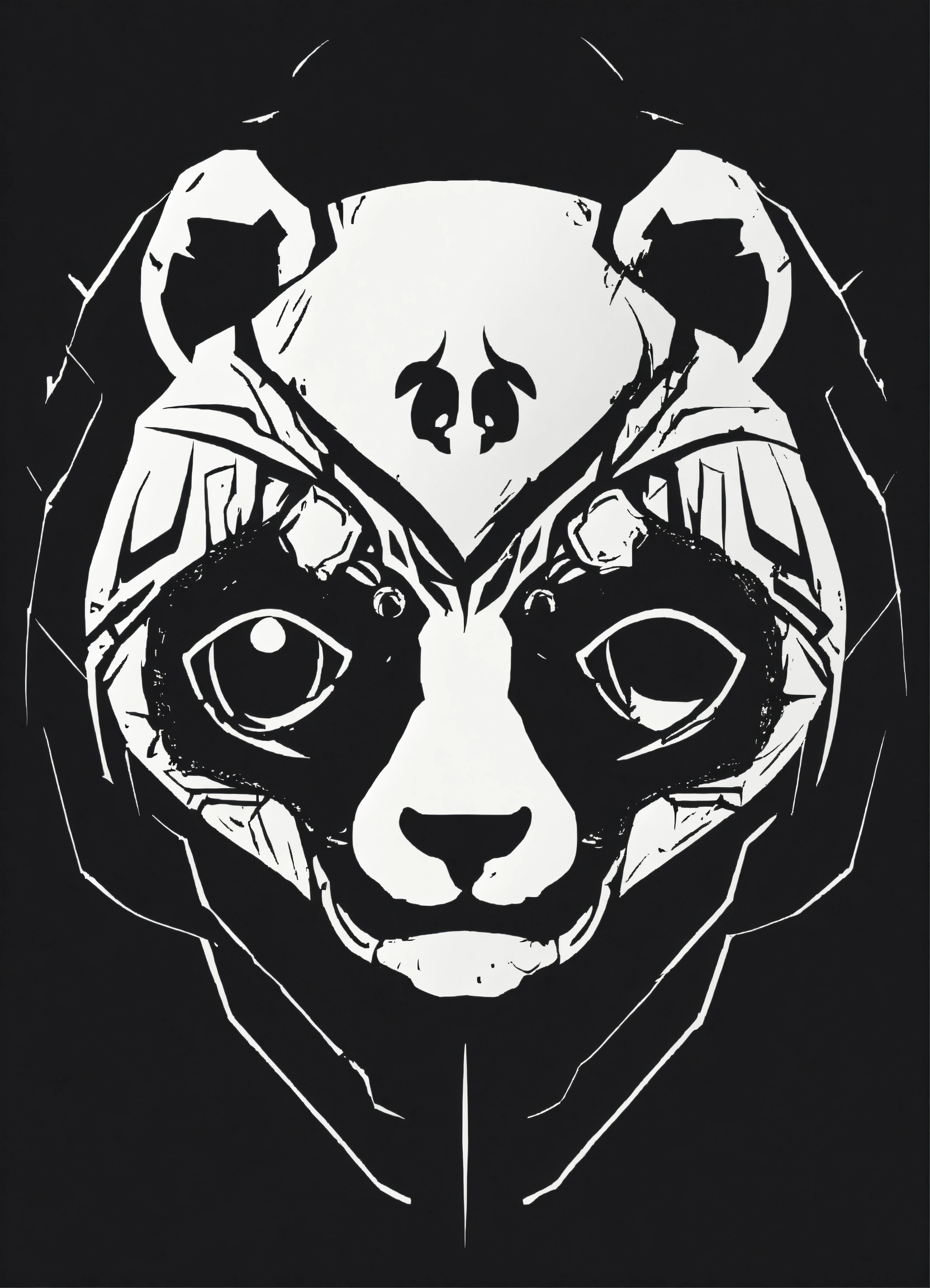 Lexica - Demon panda, black and white, stencil logo simple lines