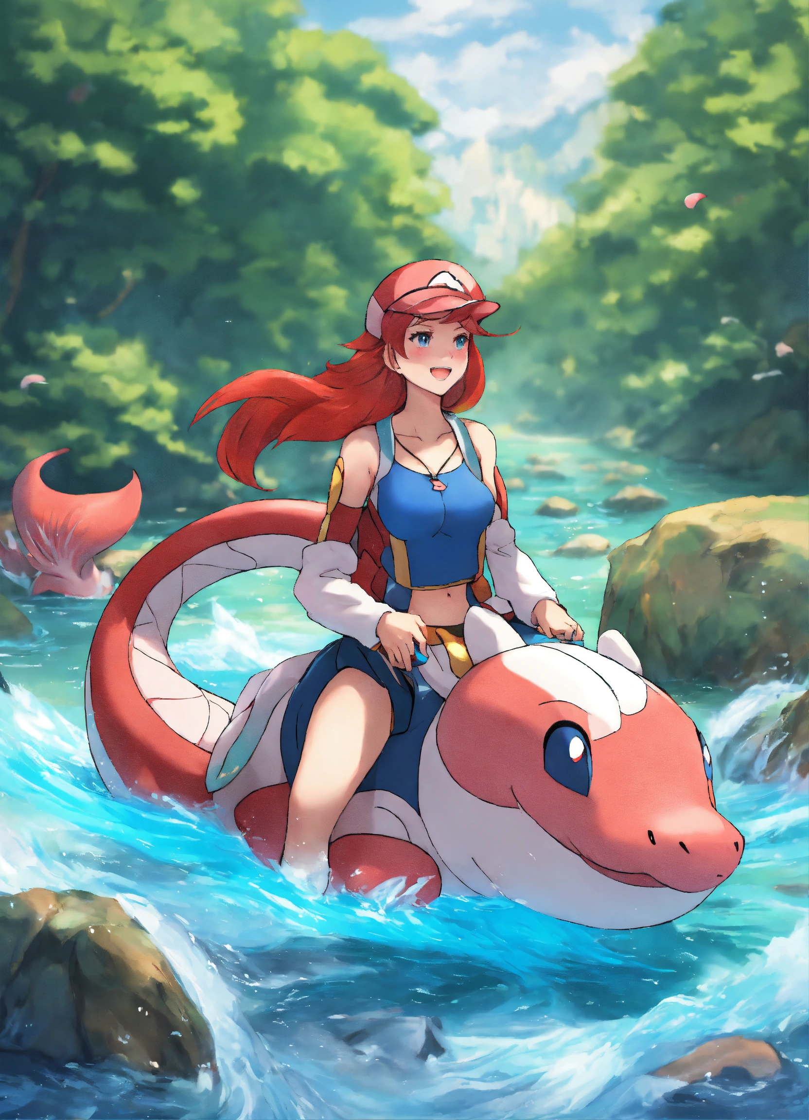 Lexica - Female redhead pokemon trainer riding milotic in a river challenge