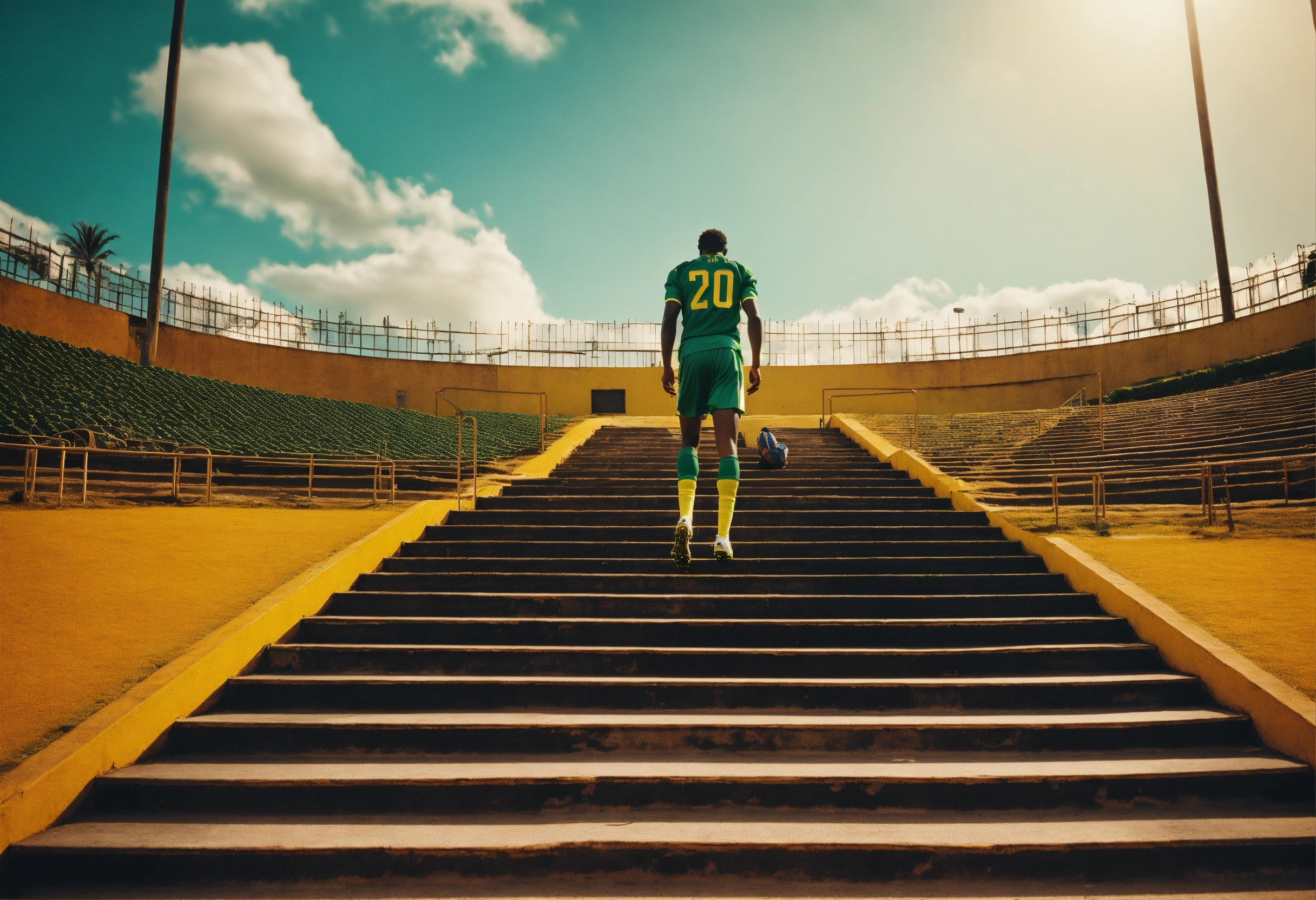 Lexica - A black Brazilian football player walking up the stairs to a ...