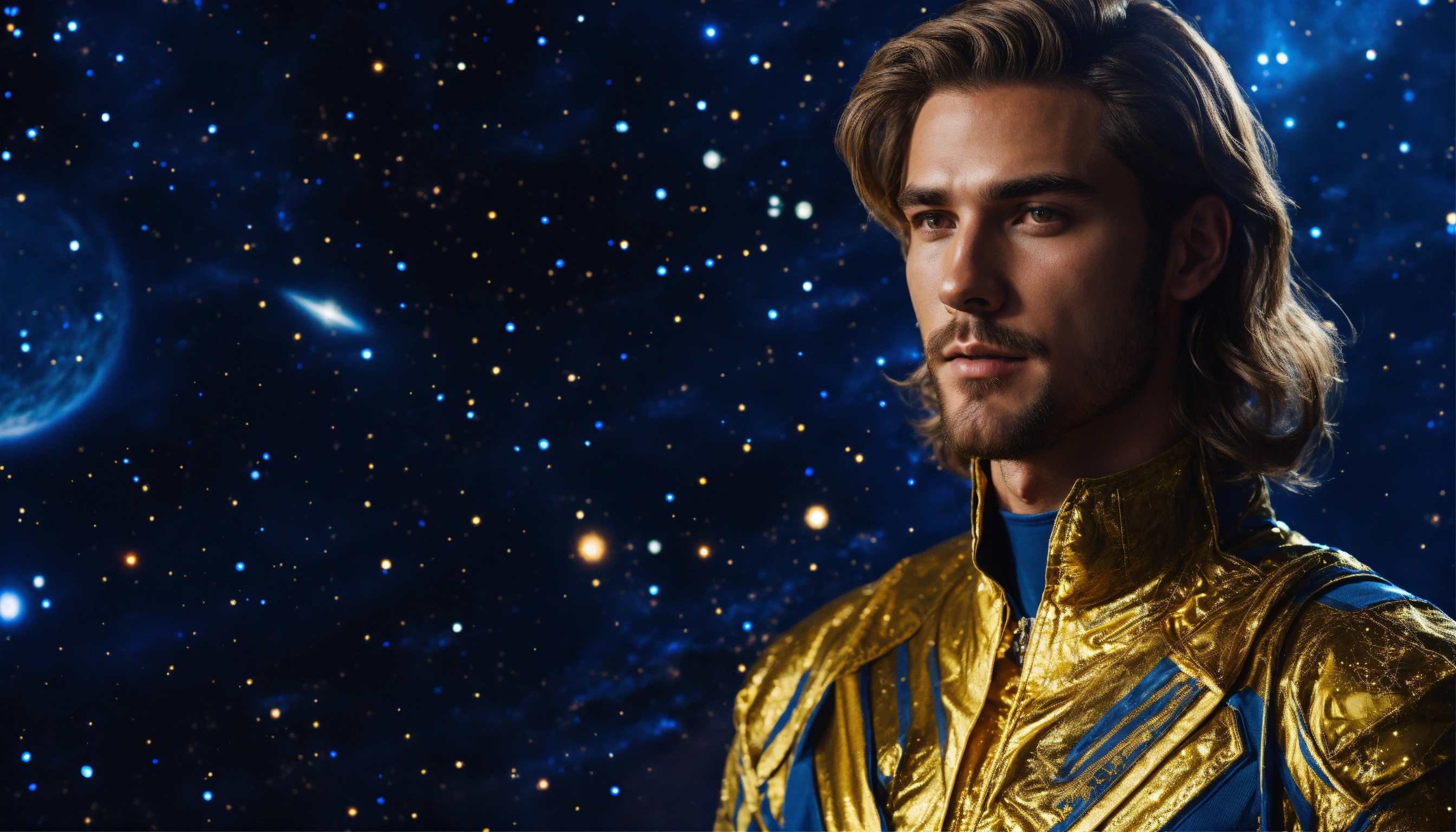 Lexica - Handsome galactic man in blue and gold jumpsuit, long light ...