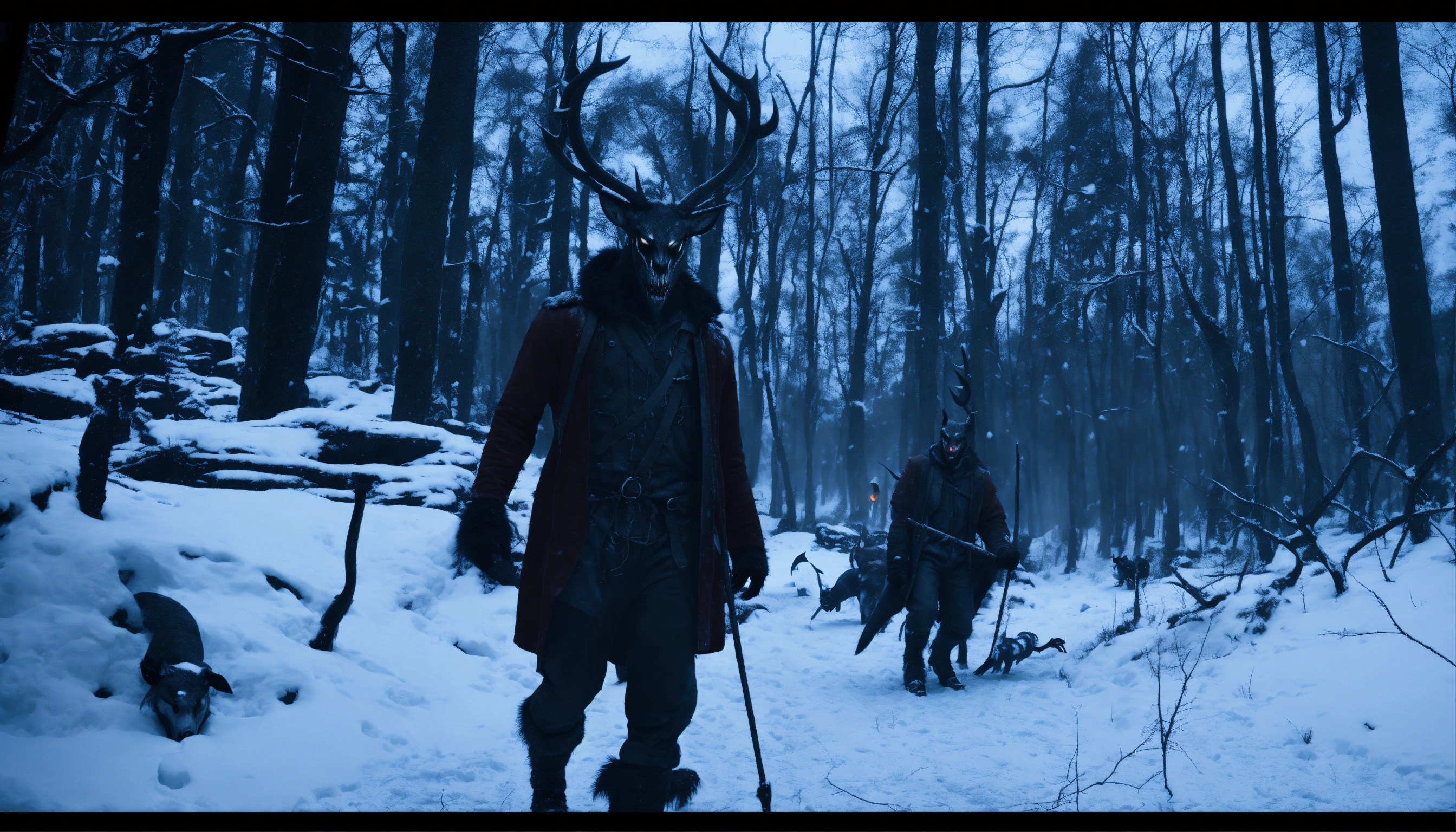 Lexica - Hunters and wendigo in dark snow forest. night. cinematic ...