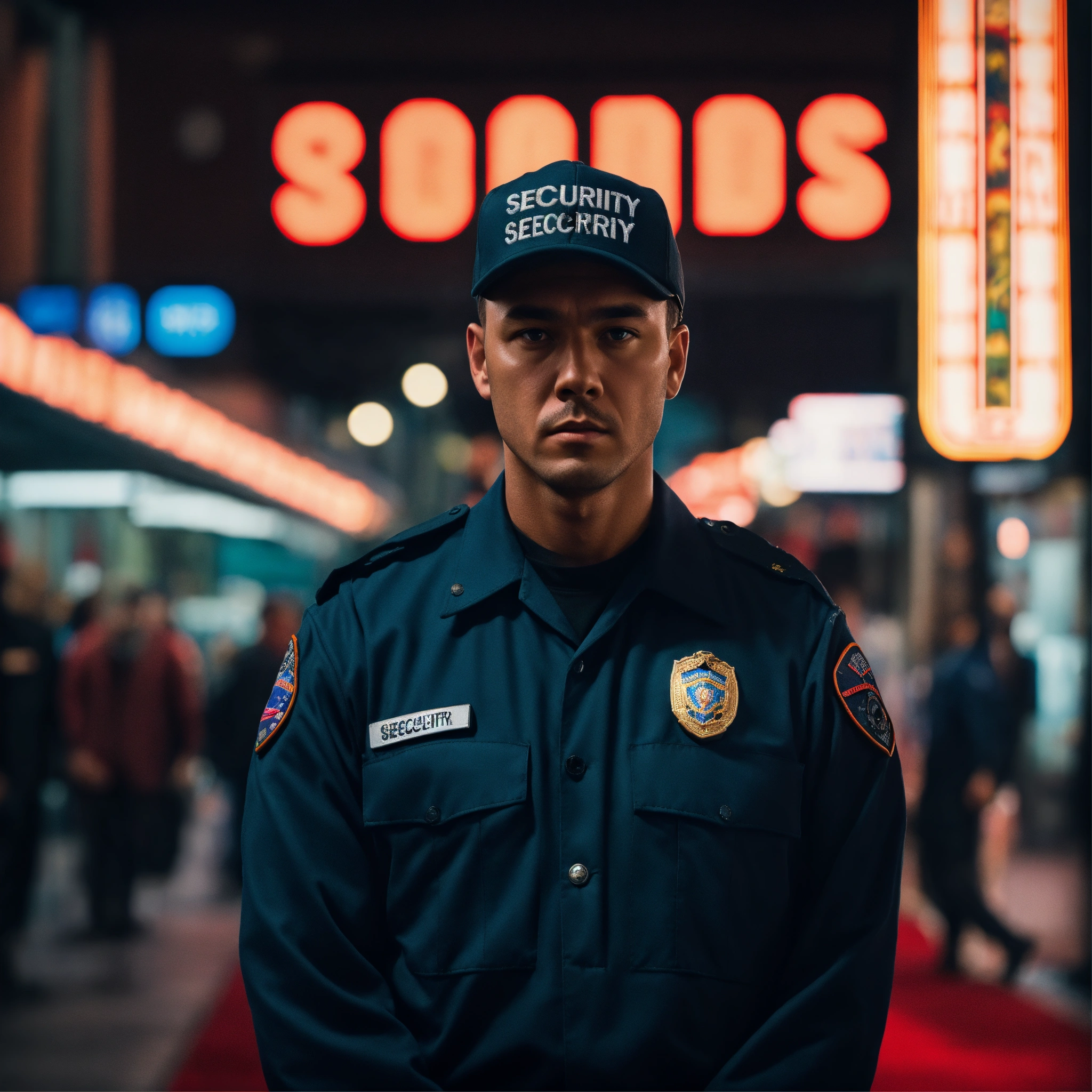 Lexica - A lone security officer wearing a dad hat, movie poster style