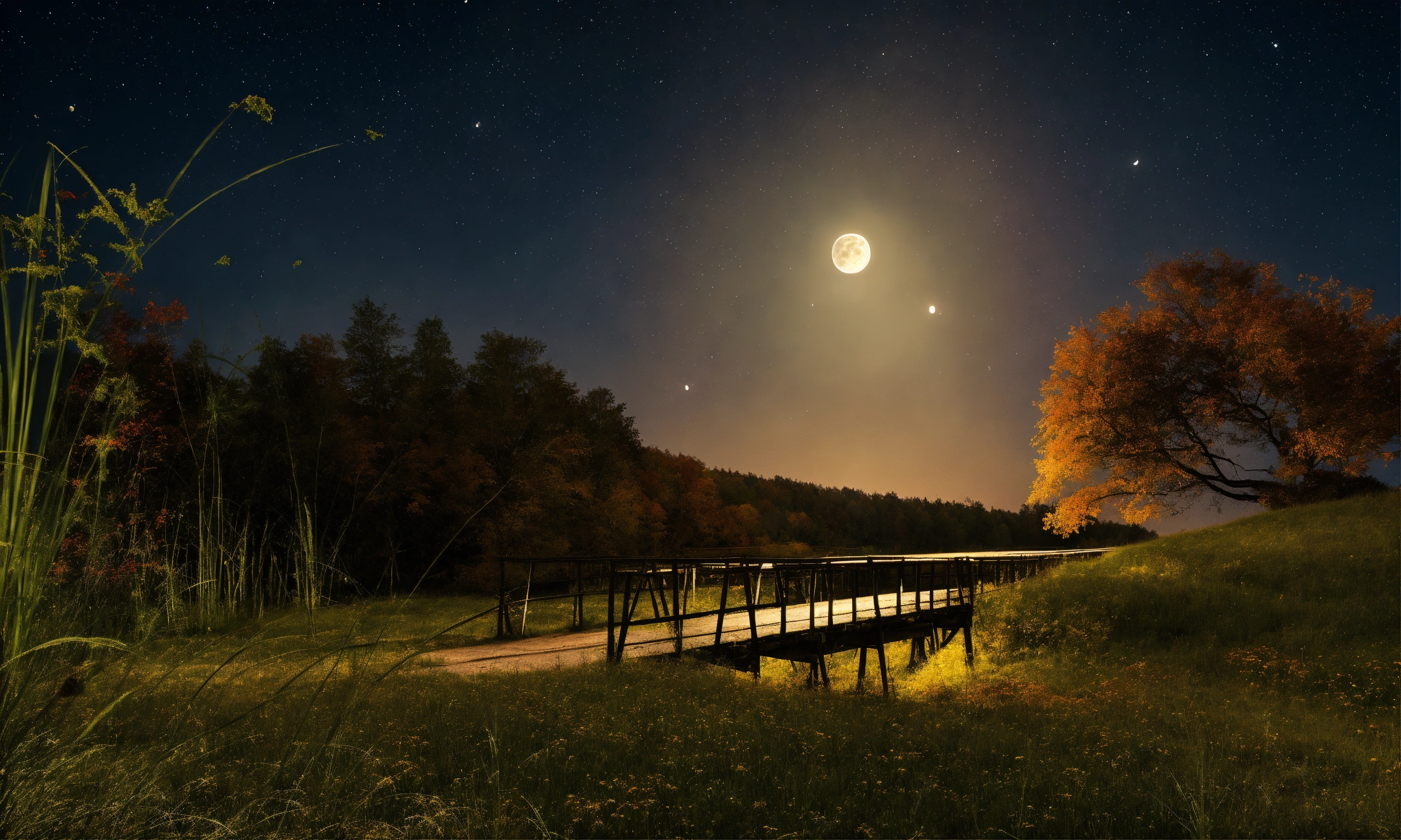 Lexica - Fall field trees moon stars grass bridge