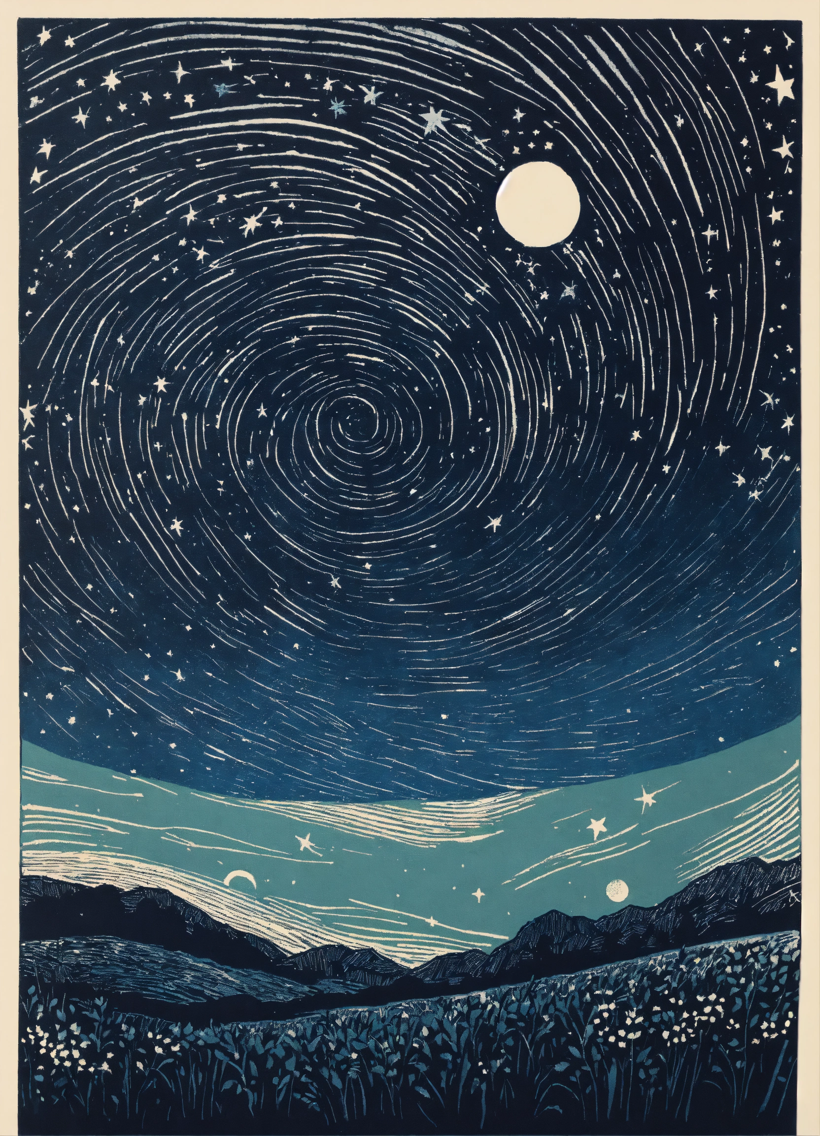 Lexica - Linocut illustration of a starry night sky