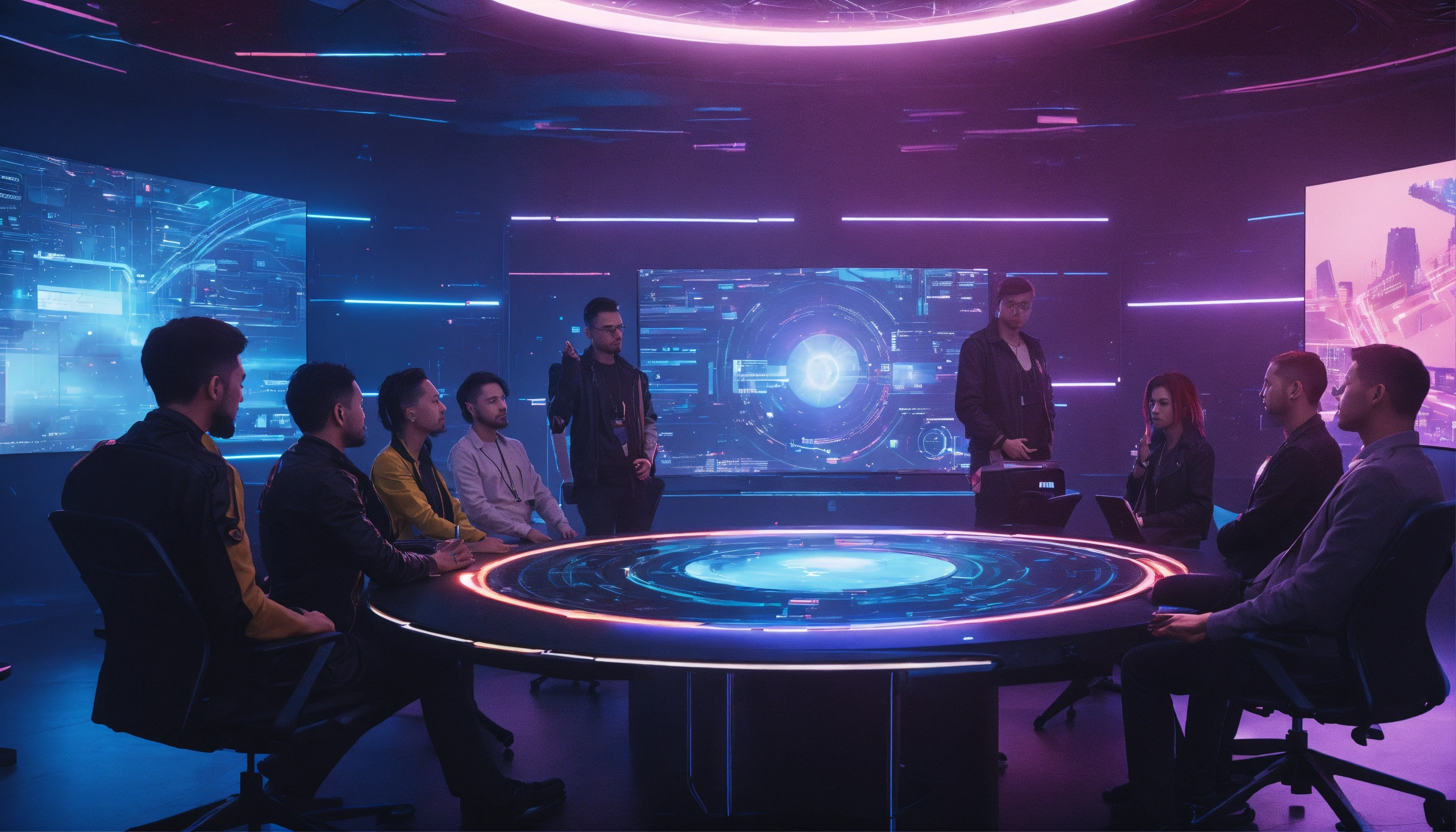 Lexica - High-tech conference room, round cyber table, people siting ...