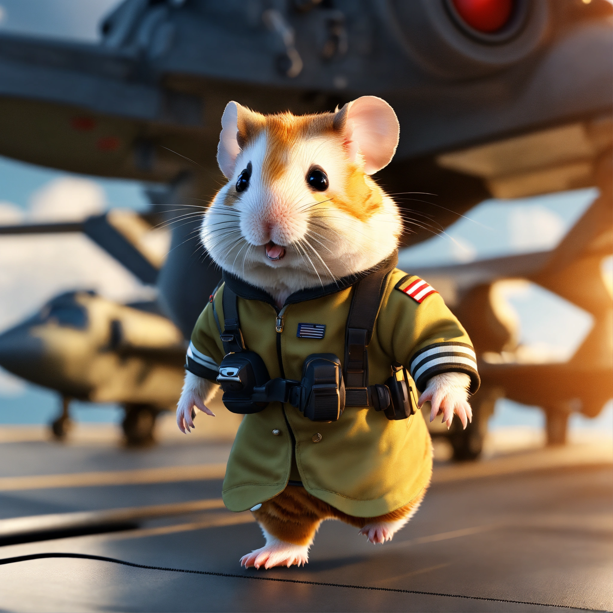 Lexica - A cute fluffy hamster pilot walking on a military aircraft ...