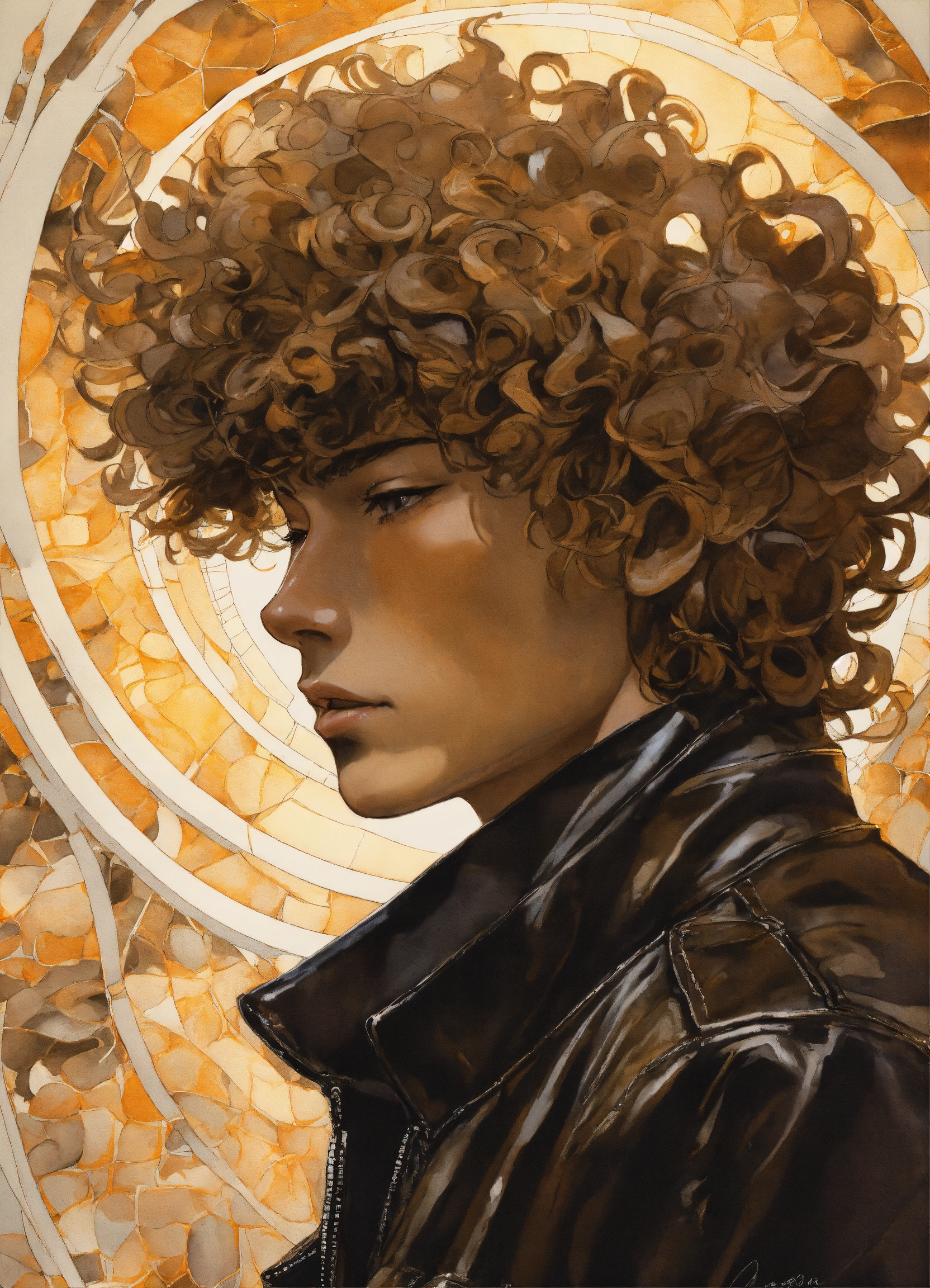 Lexica - A portrait. a Samari curly sandy brown hair in a black leather ...